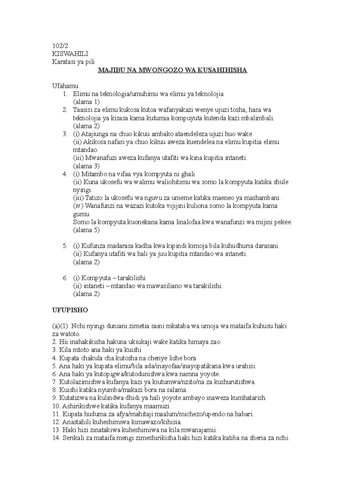 KIS PP2 MS - marking scheme - 102/ KISWAHILI Karatasi ya pili MAJIBU NA MWONGOZO WA KUSAHIHISHA ...