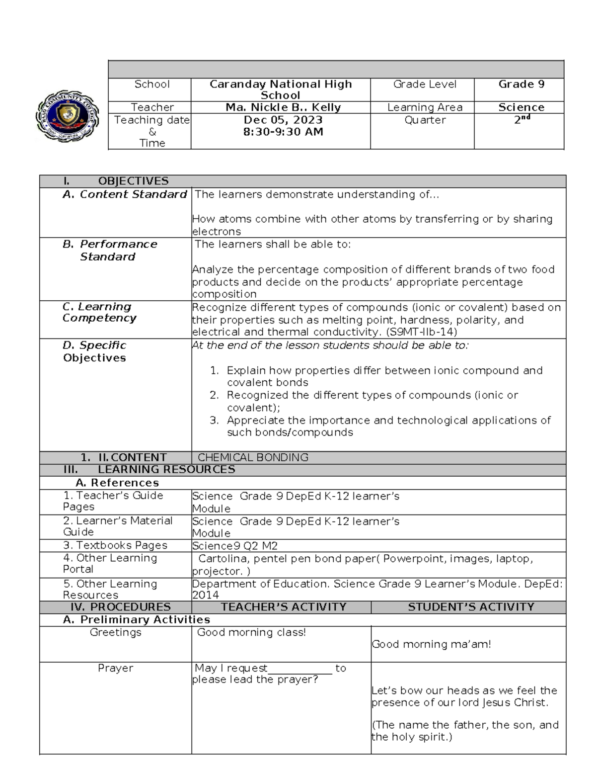 DLP S9 Q2 M1 - School Caranday National High School Grade Level Grade 9 ...