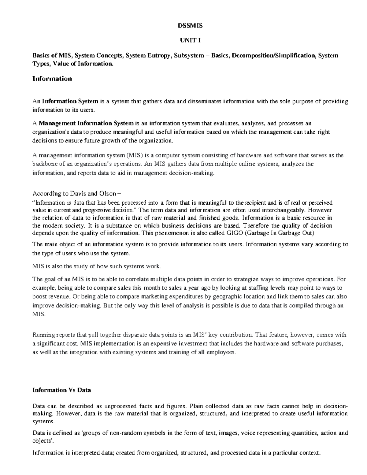 DSS MIS UNIT I - DSS MIS - DSSMIS UNIT I Basics of MIS, System Concepts ...