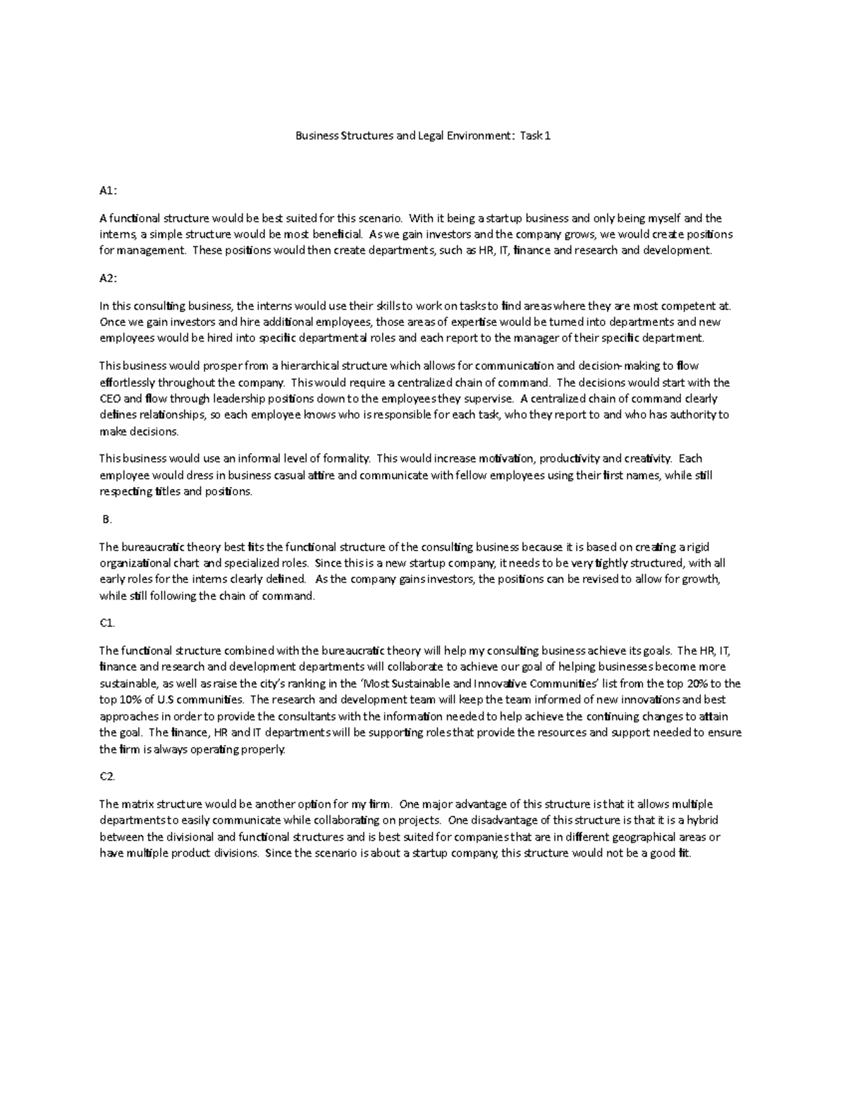 D078 Task 1 Assignment - Business Structures and Legal Environment ...