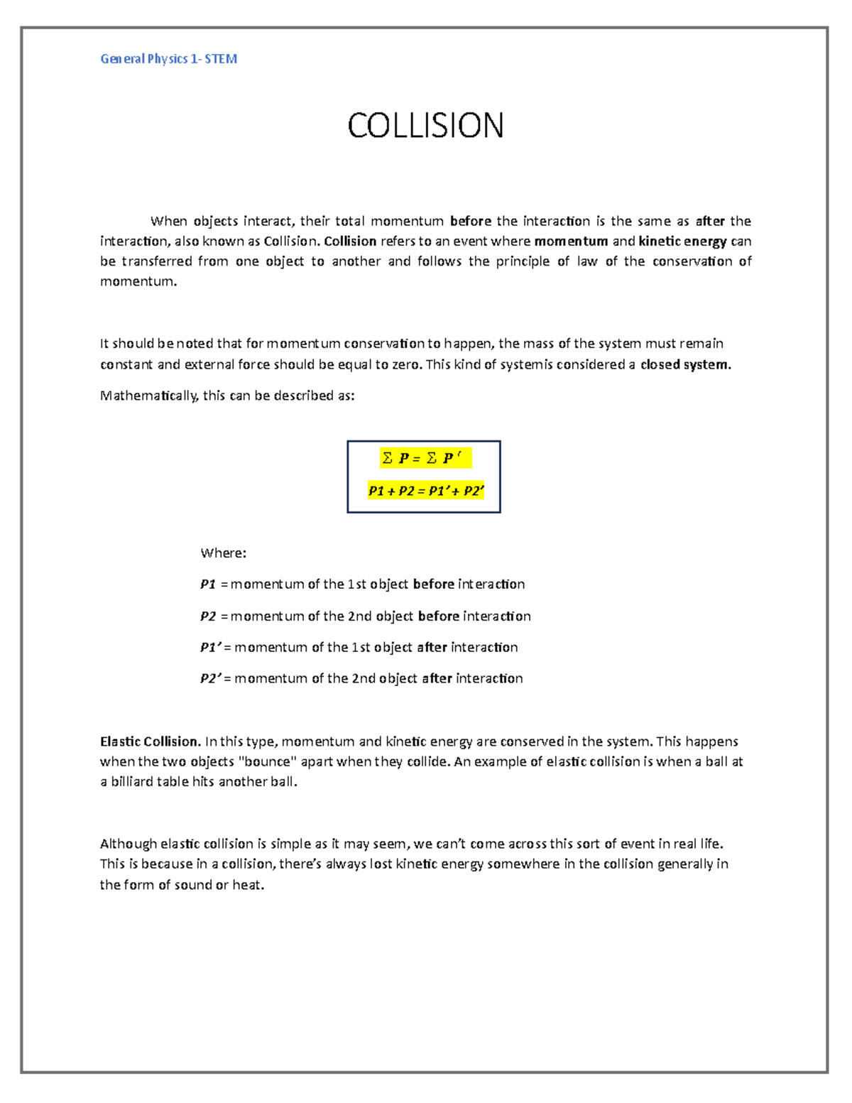 Collision Notes - fun learning - General Physics 1- STEM COLLISION When ...