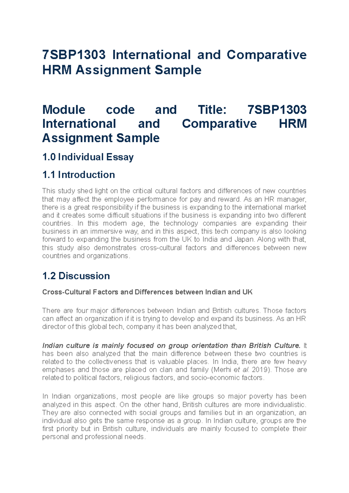 7SBP1303 International and Comparative HRM Assignment Sample - 7SBP1303 ...