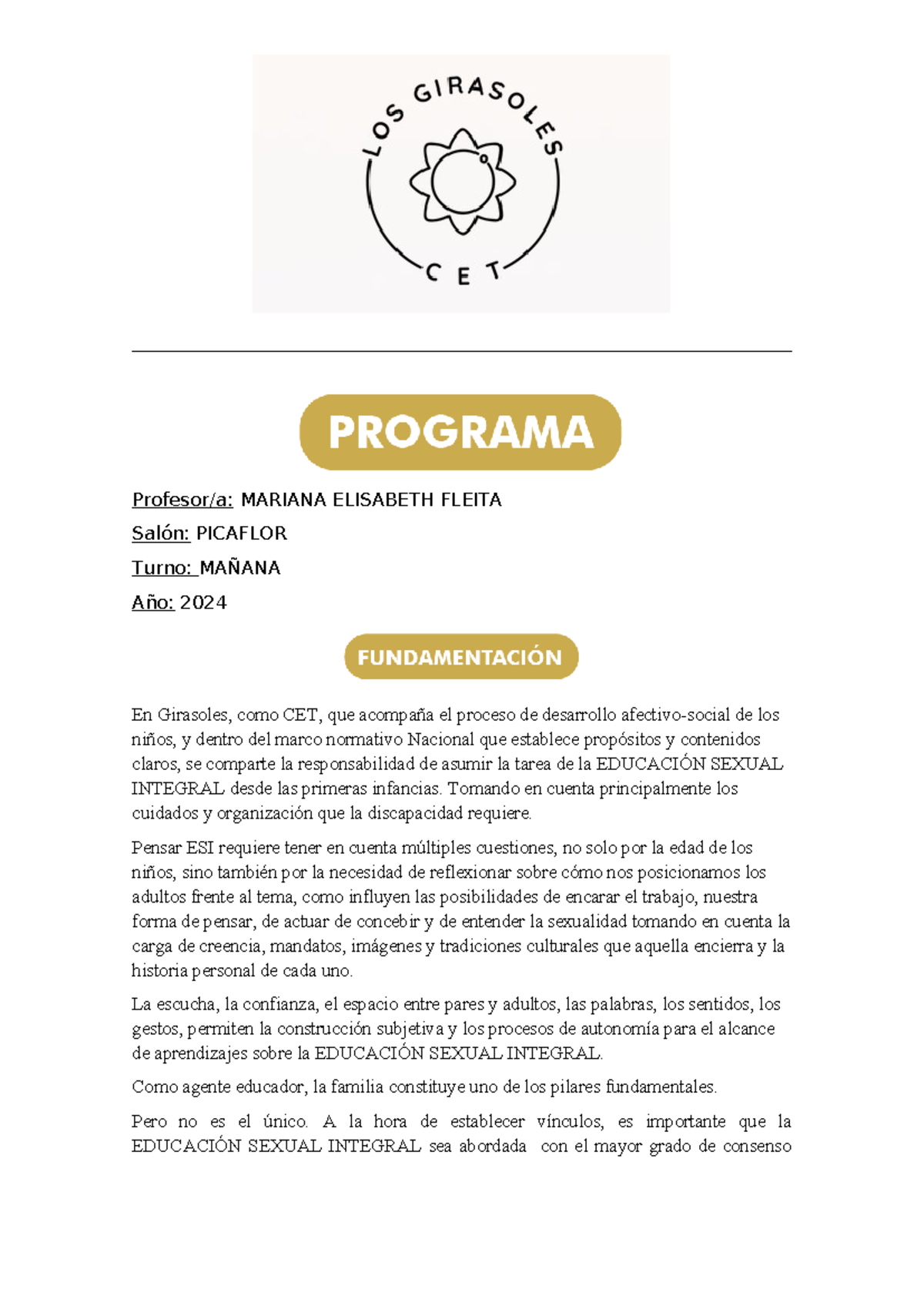 Programa Ciclo Lectivo 2024 .Salón Picaflor. Prof. Mariana Fleita con fundamentación - Profesor ...