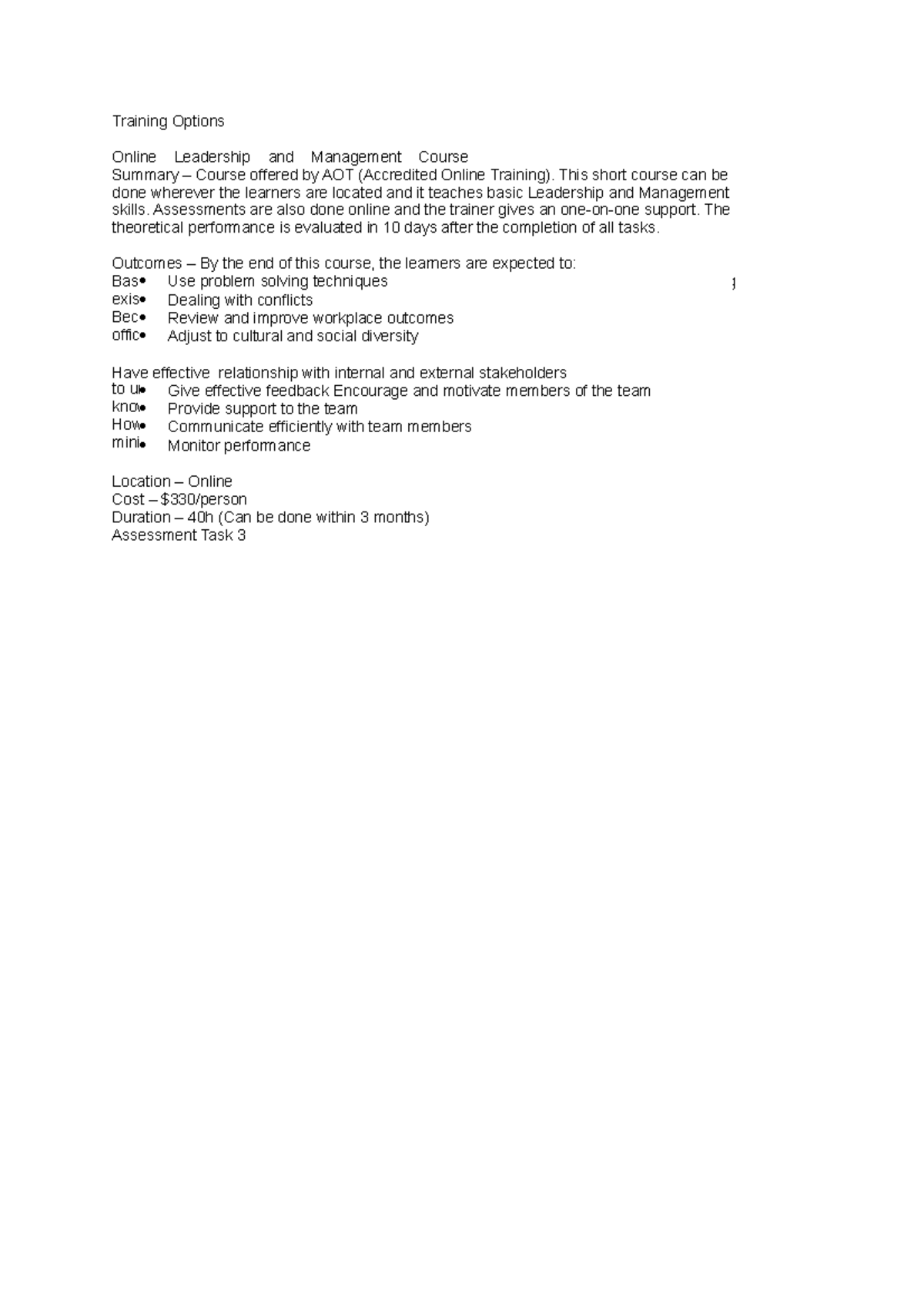 Assessment Task 3 part 1 - Assessment Task 3 Staff Training Report Introduction After extensive ...