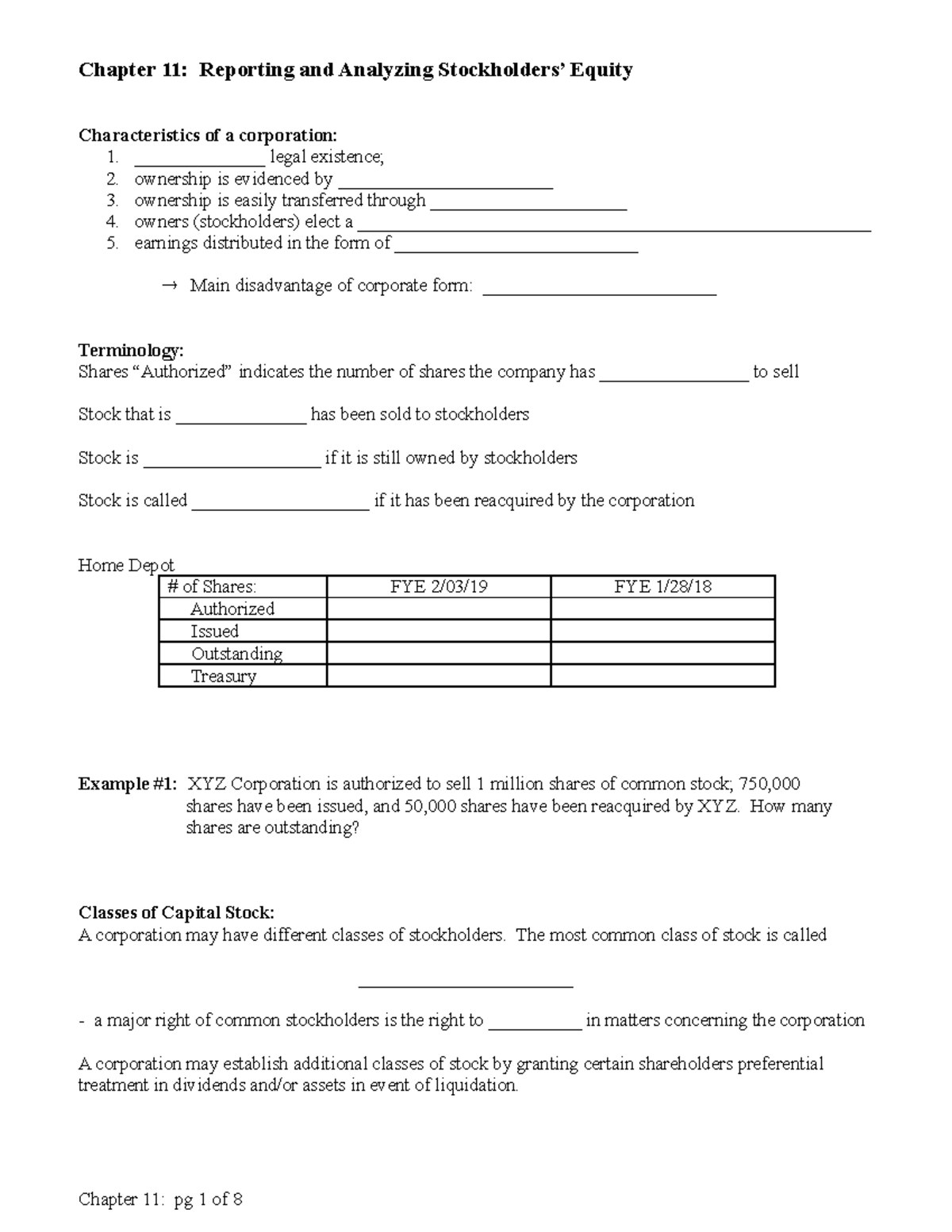 Chap11 Handout - Chapter 11: Reporting and Analyzing Stockholders’ Equity Characteristics of a ...