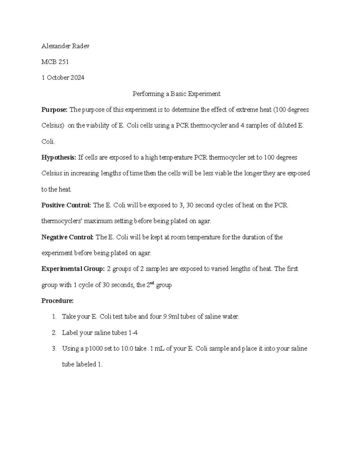 Performing a Basic Expirement - Alexander Radev MCB 251 1 October 2024 ...