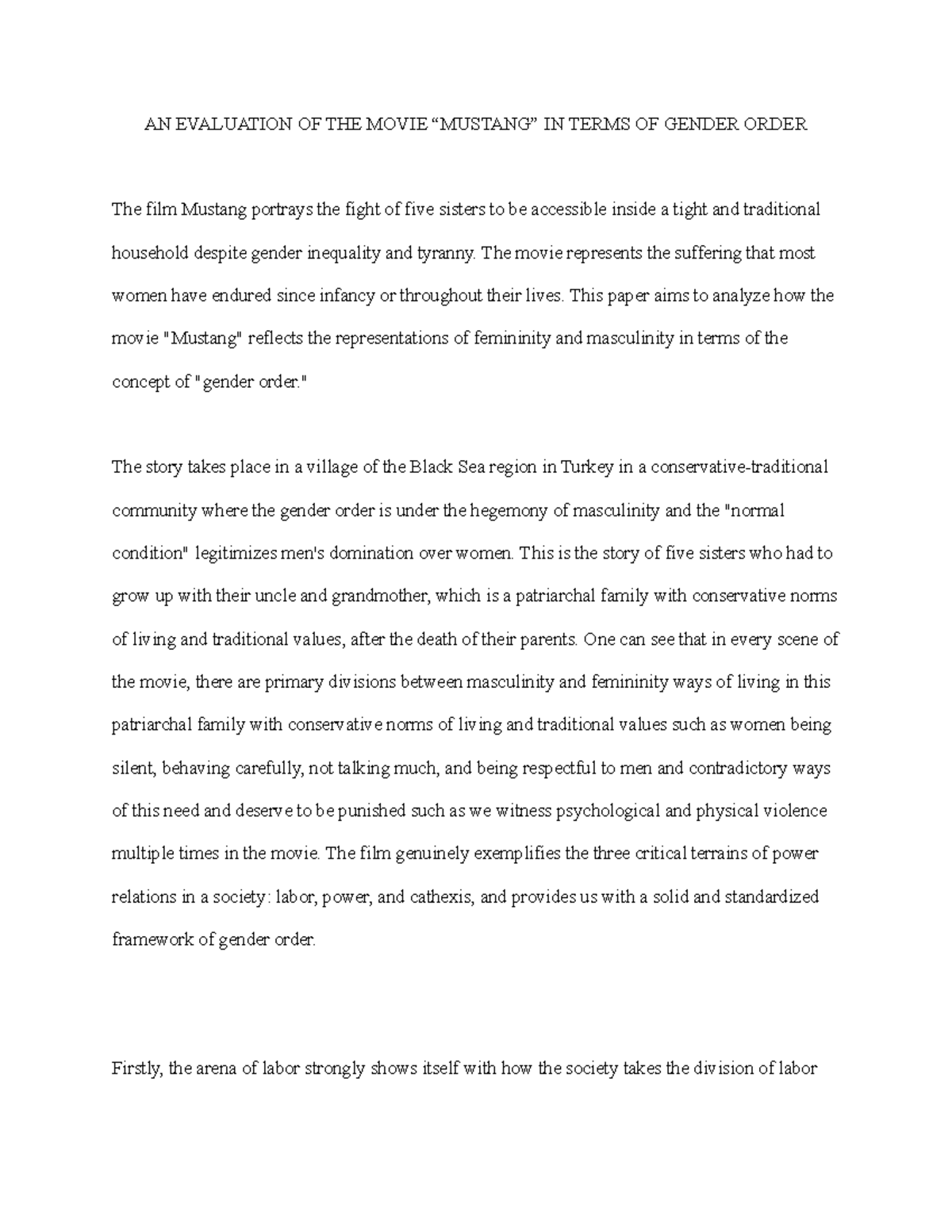 Adm1323 gender assignment 2502714 - AN EVALUATION OF THE MOVIE “MUSTANG ...