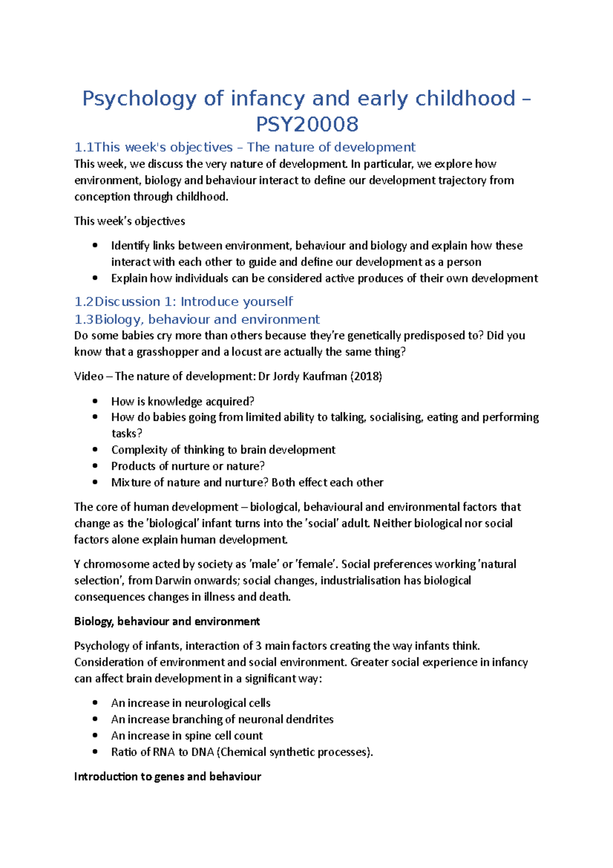 PSY2000 8 Week 1 notes - Psychology of infancy and early childhood ...