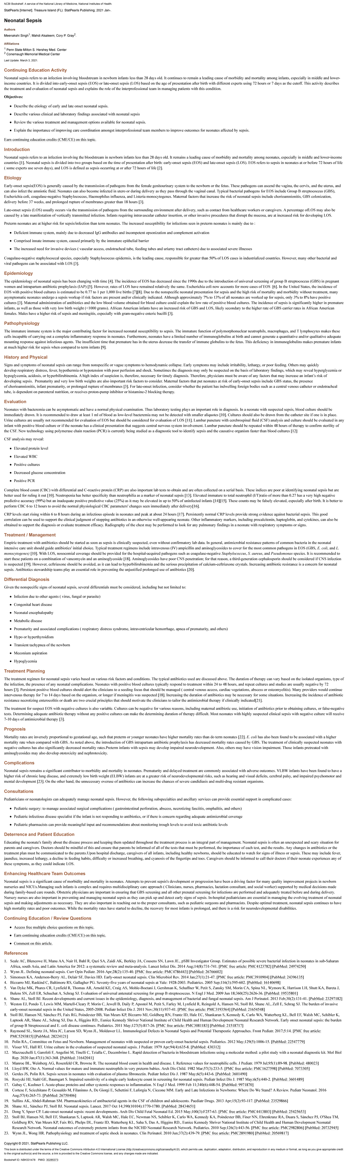 Neonatal Sepsis - Stat Pearls - NCBI Bookshelf - 1. 2. 3. 4. 5. 6. 7. 8 ...