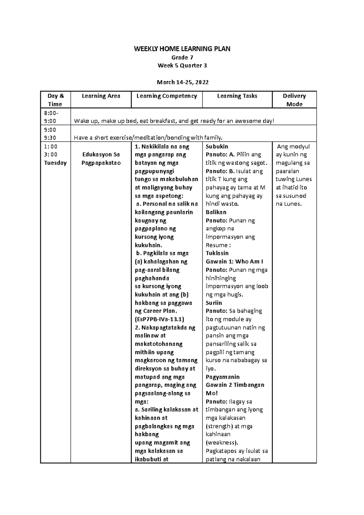 G7Es Pwhlpwk - Lesson - WEEKLY HOME LEARNING PLAN Grade 7 Week 5 ...