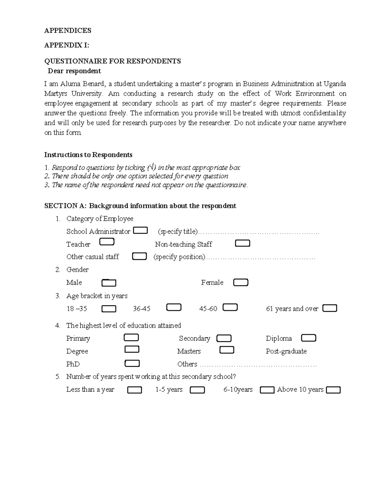 Aluma Benard ( Research Tools) - APPENDICES APPENDIX I: QUESTIONNAIRE ...