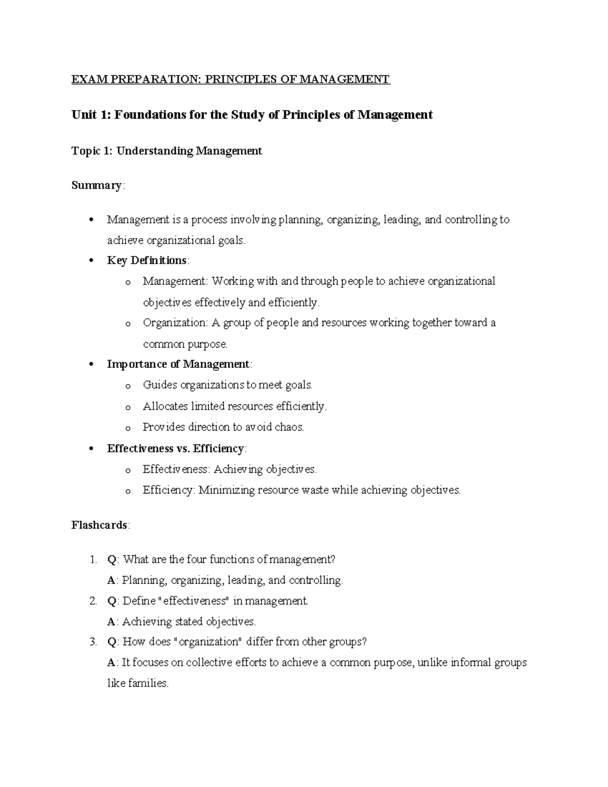 EXAM Preparation - Principals OF Management - EXAM PREPARATION ...