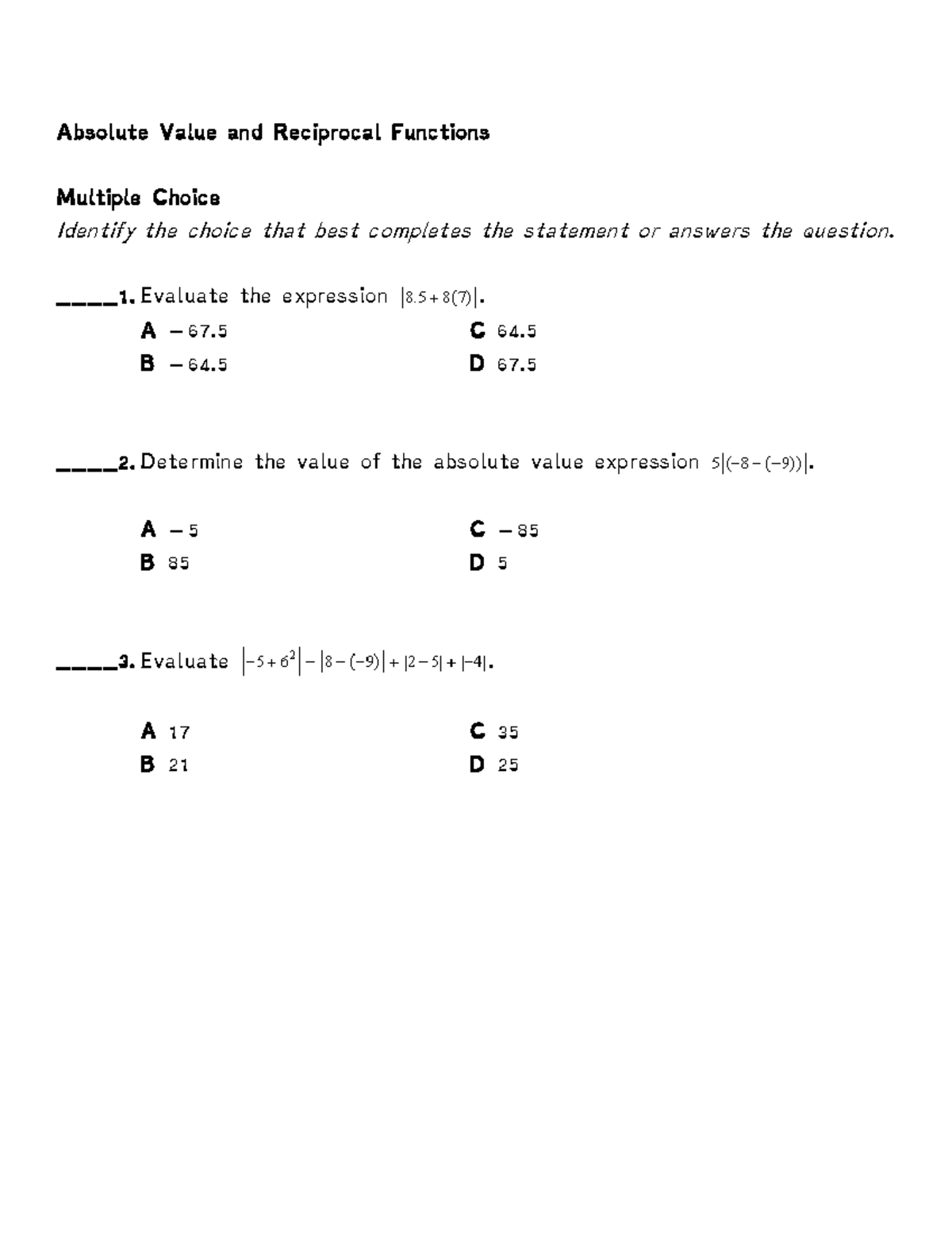 Absolute value and reciprocals assignment - Absolute Value and Reciprocal Functions Multiple ...