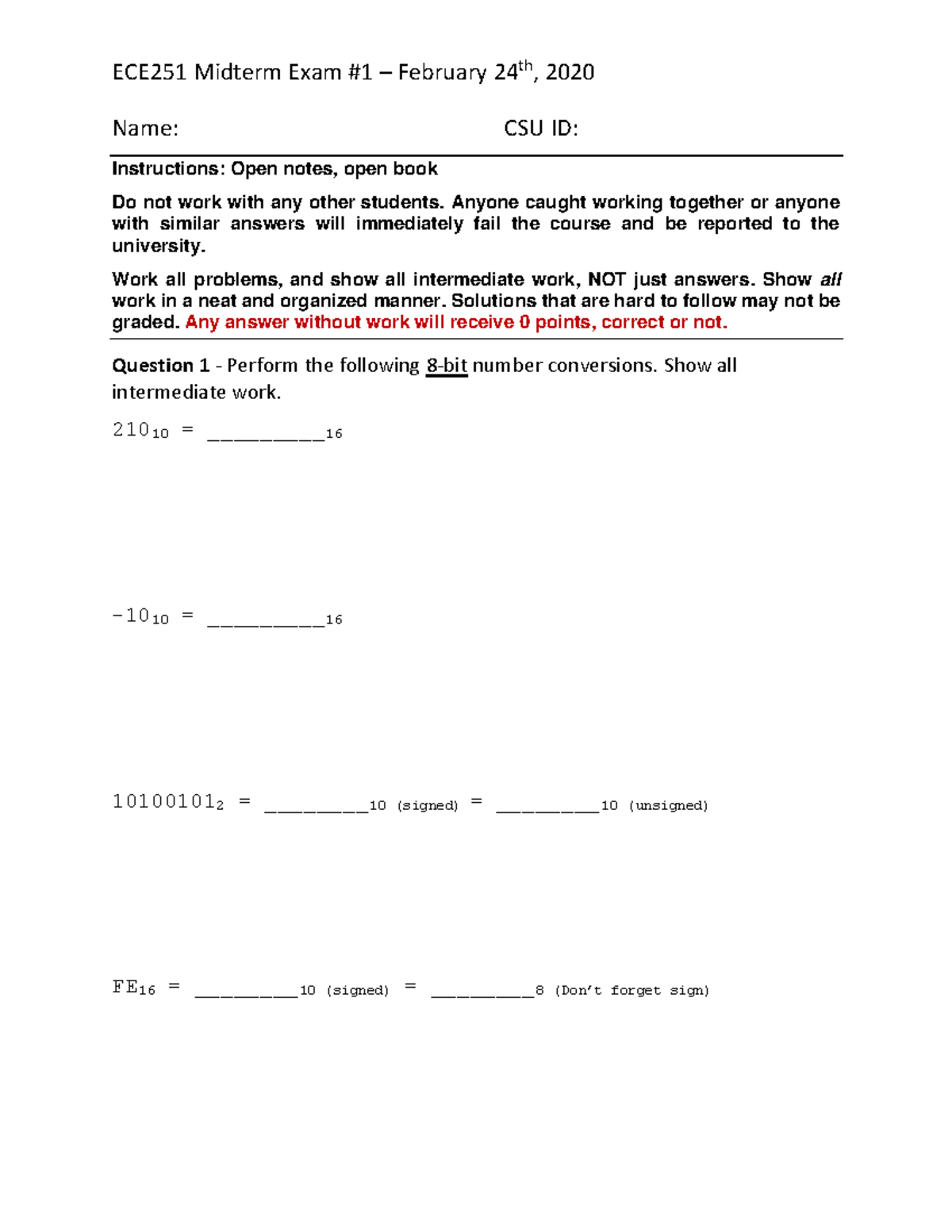 ECE251 SP22 Midterm Exam Pt1 Guide - ECE251 Midterm Exam #1 – February 24th, 2020 Name: CSU ID ...