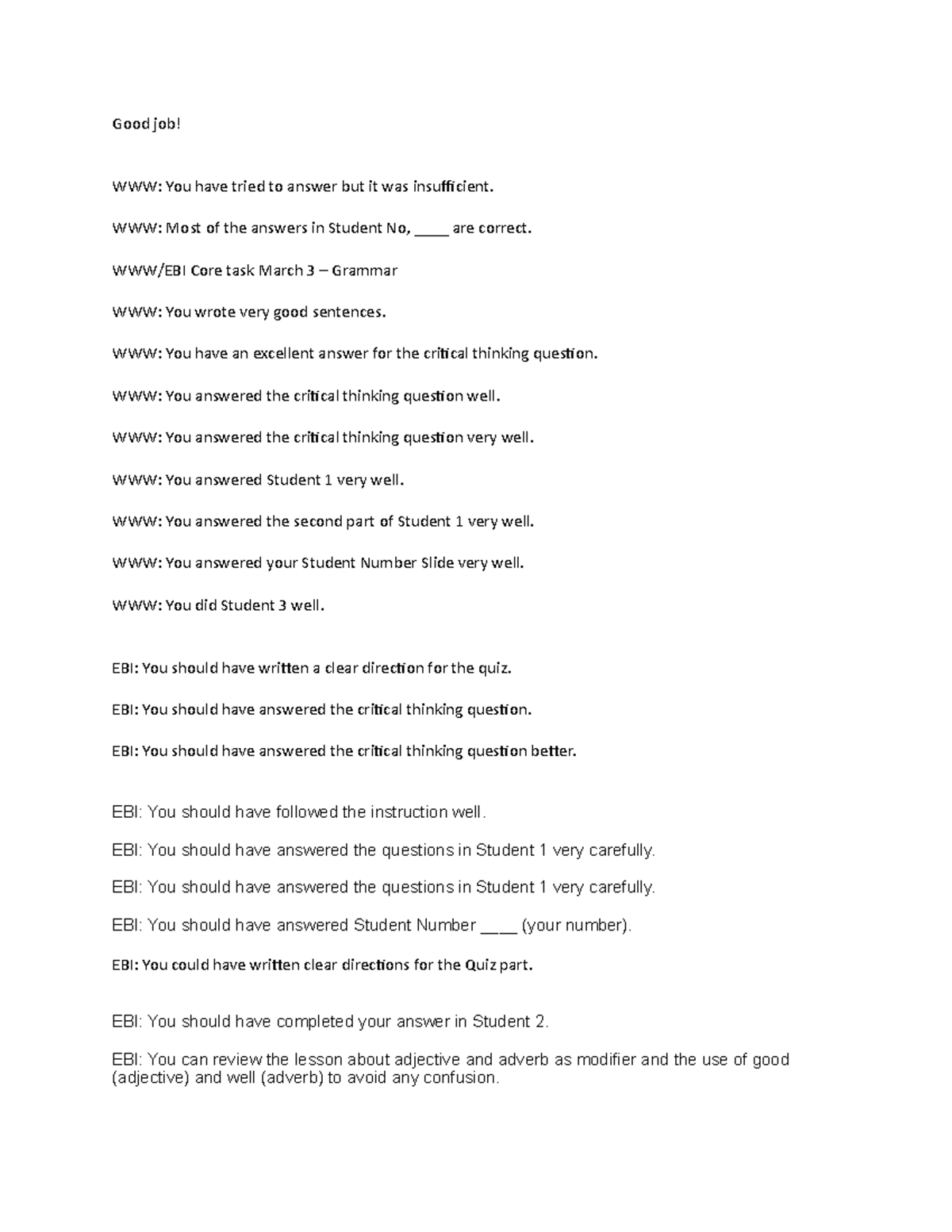 Sample Feedback notes for students in informal classes - Good job! WWW ...