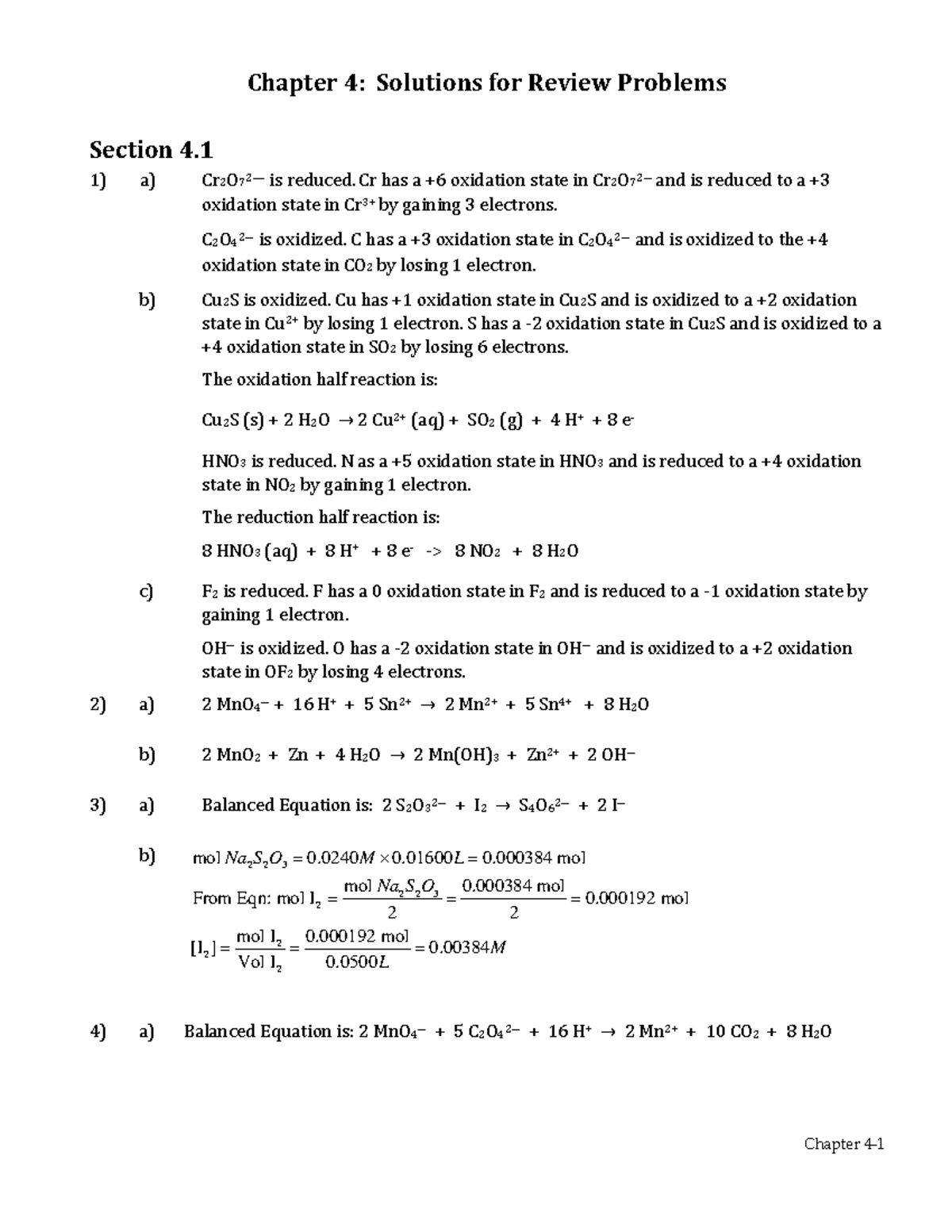 Chapter 4 Solutions 2024 - Chapter 4 : Solutions for Review Problems Section 4. a) Cr 2 O 72 ...