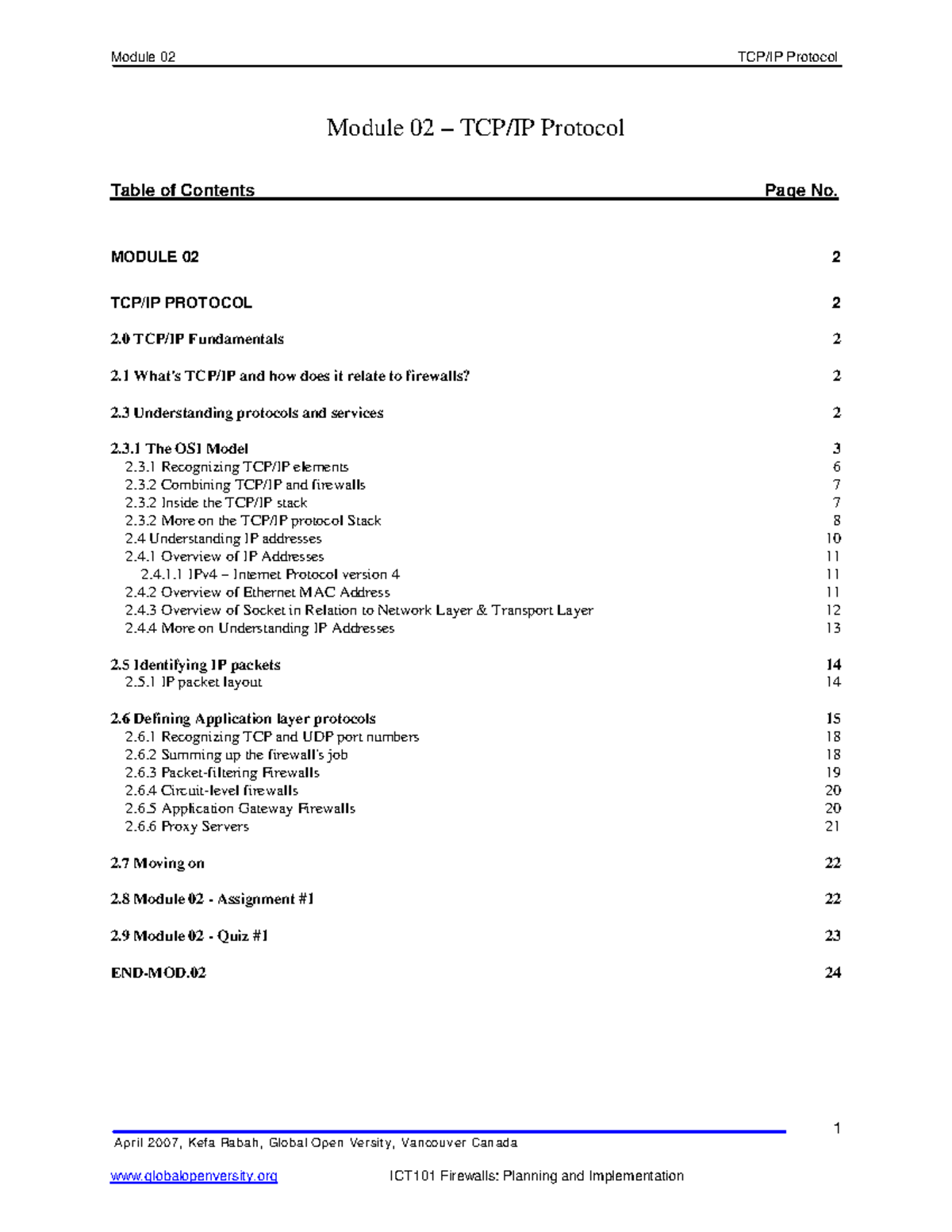 Module 02 - TCP-IP Fundamentals - Apr il 2007, Kefa Rabah, Global Open Ver sit y , Vancouv er ...