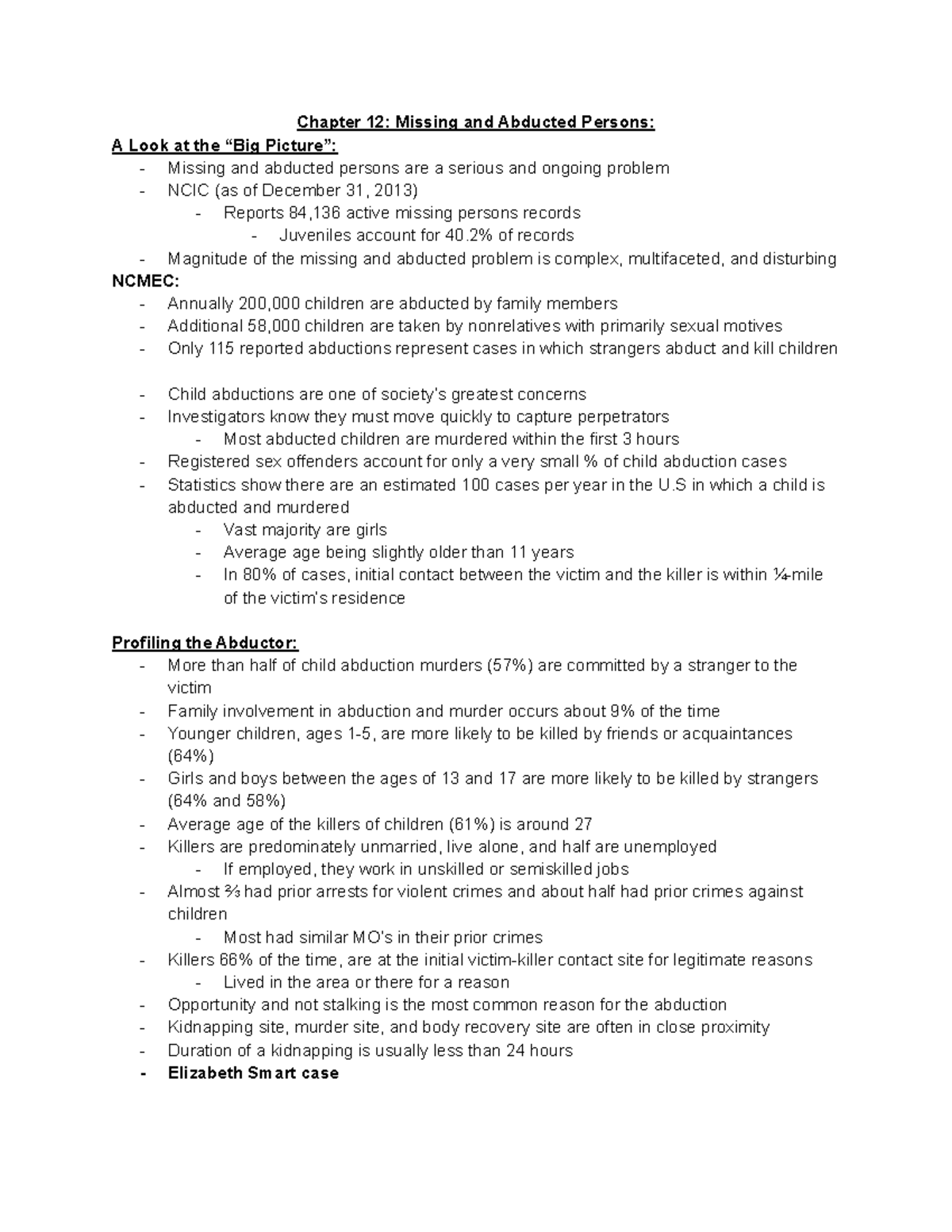 CJST Chapter 12 - notes - Chapter 12: Missing and Abducted Persons: A ...