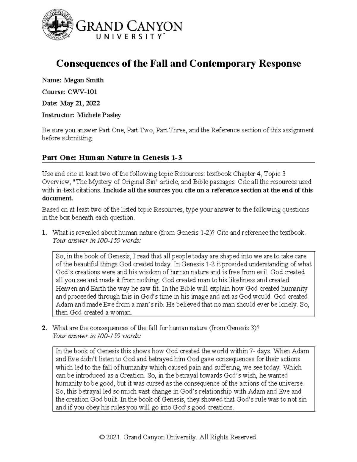 CWV-101-301-T3- Consequences of Fall - Consequences of the Fall and Contemporary Response Name ...