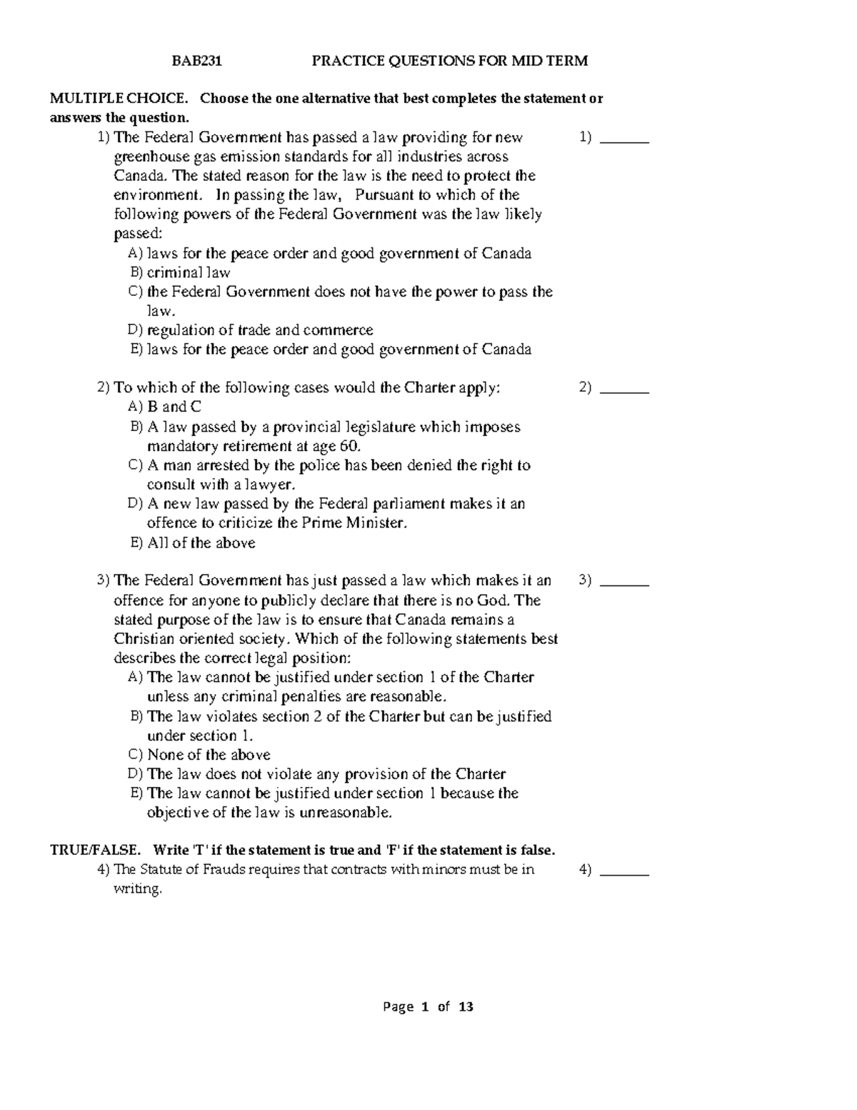 BAB231 Practice Questions FOR MID TERM BAB231 PRACTICE QUESTIONS