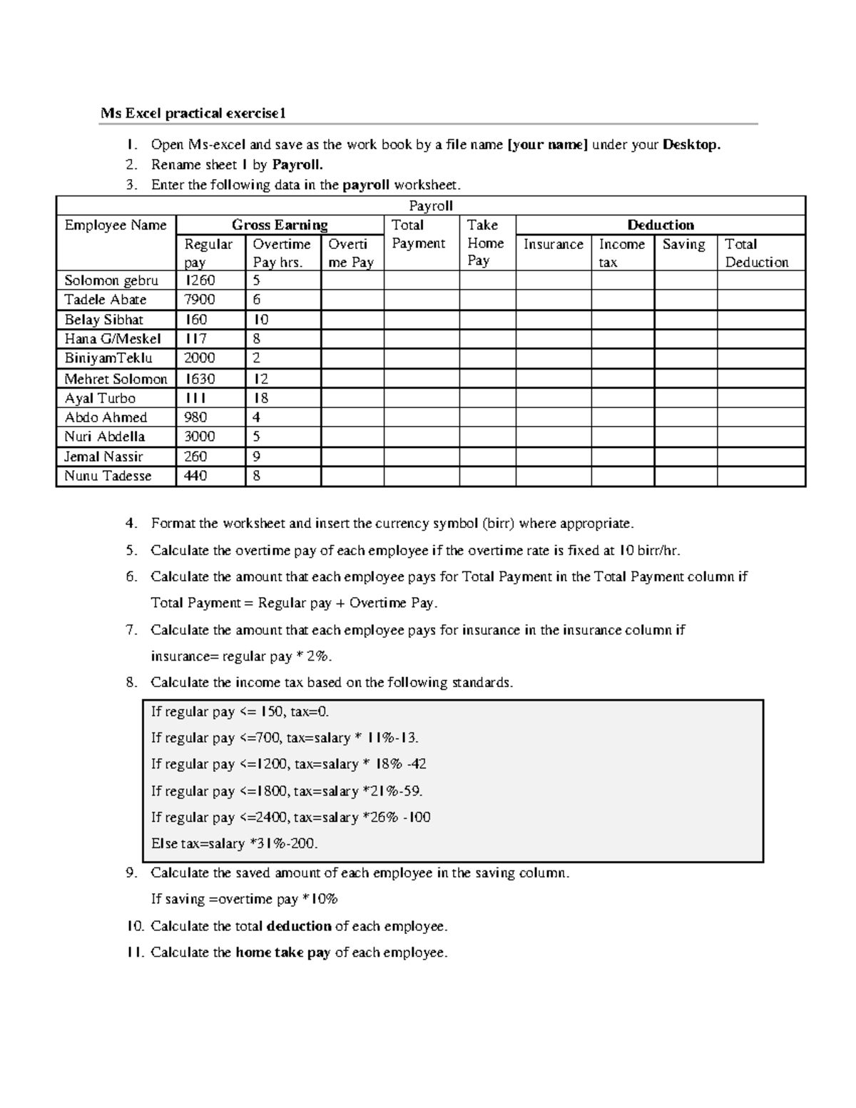 Ms Excel practical exercise - Open Ms-excel and save as the work book ...