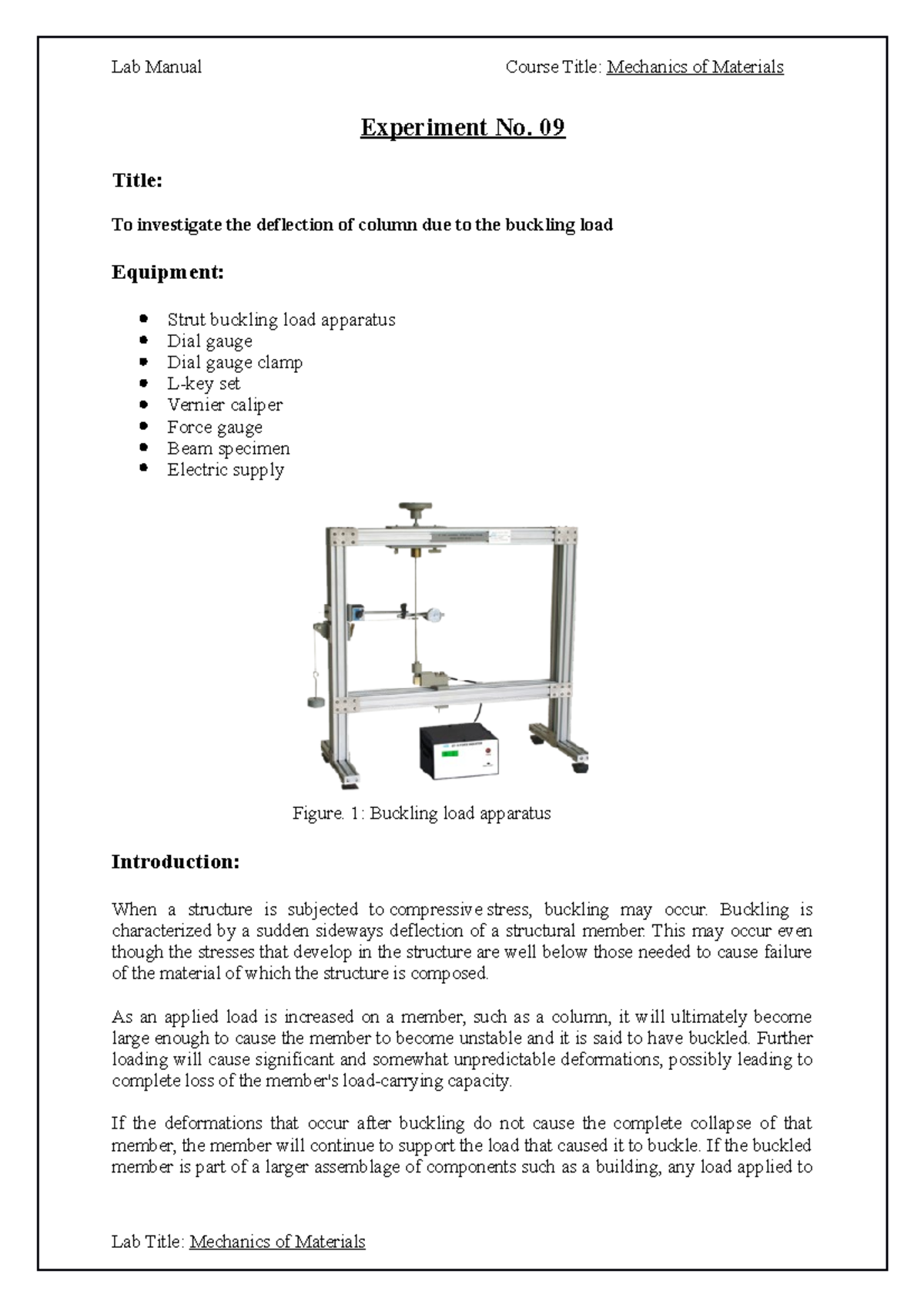 Lab 9 - lab 9 - Lab Manual Course Title: Mechanics of Materials Experiment No. 09 Title: To ...