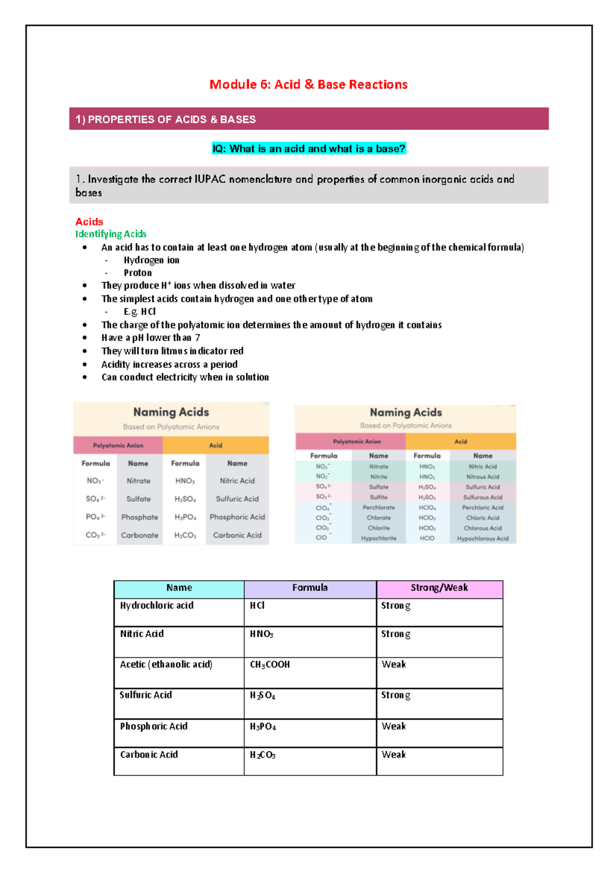 Module 6 Summary Notes - Module 6: Acid & Base Reactions 1 ) PROPERTIES ...