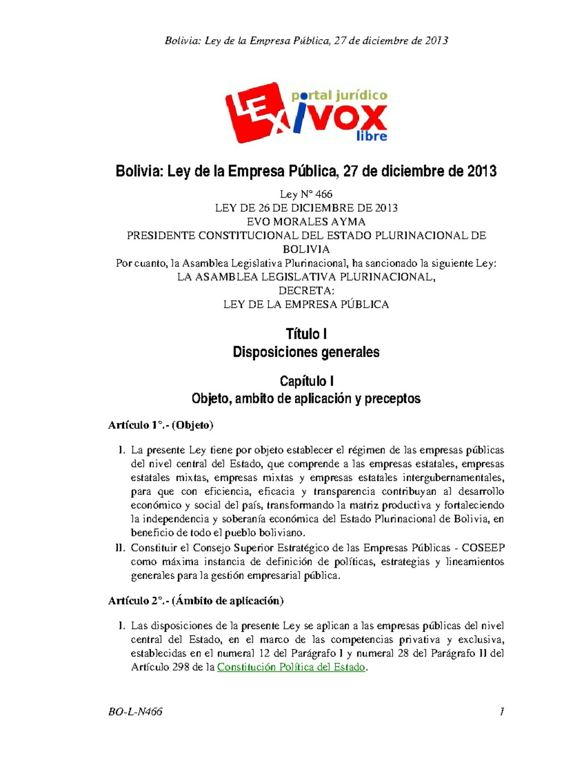 BO-L-N466 - informe - Bolivia: Ley de la Empresa Pública, 27 de ...