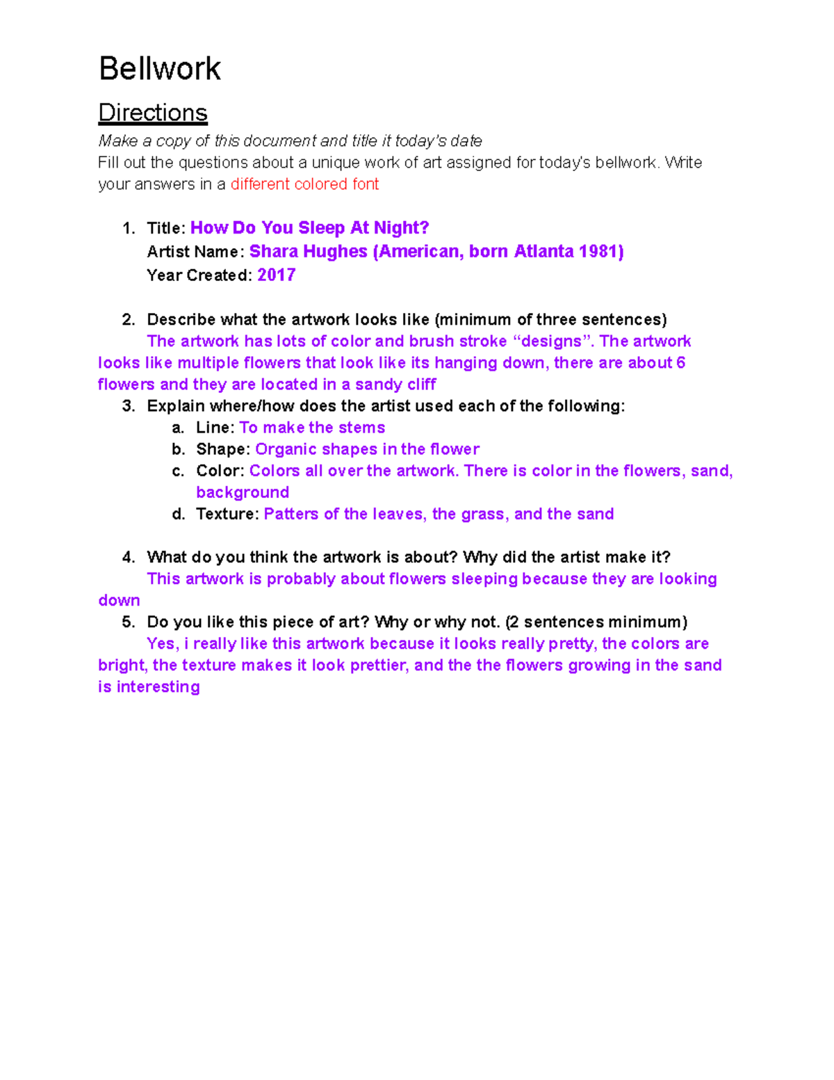 Copy of Describe a Masterpiece Template - Bellwork Directions Make a ...