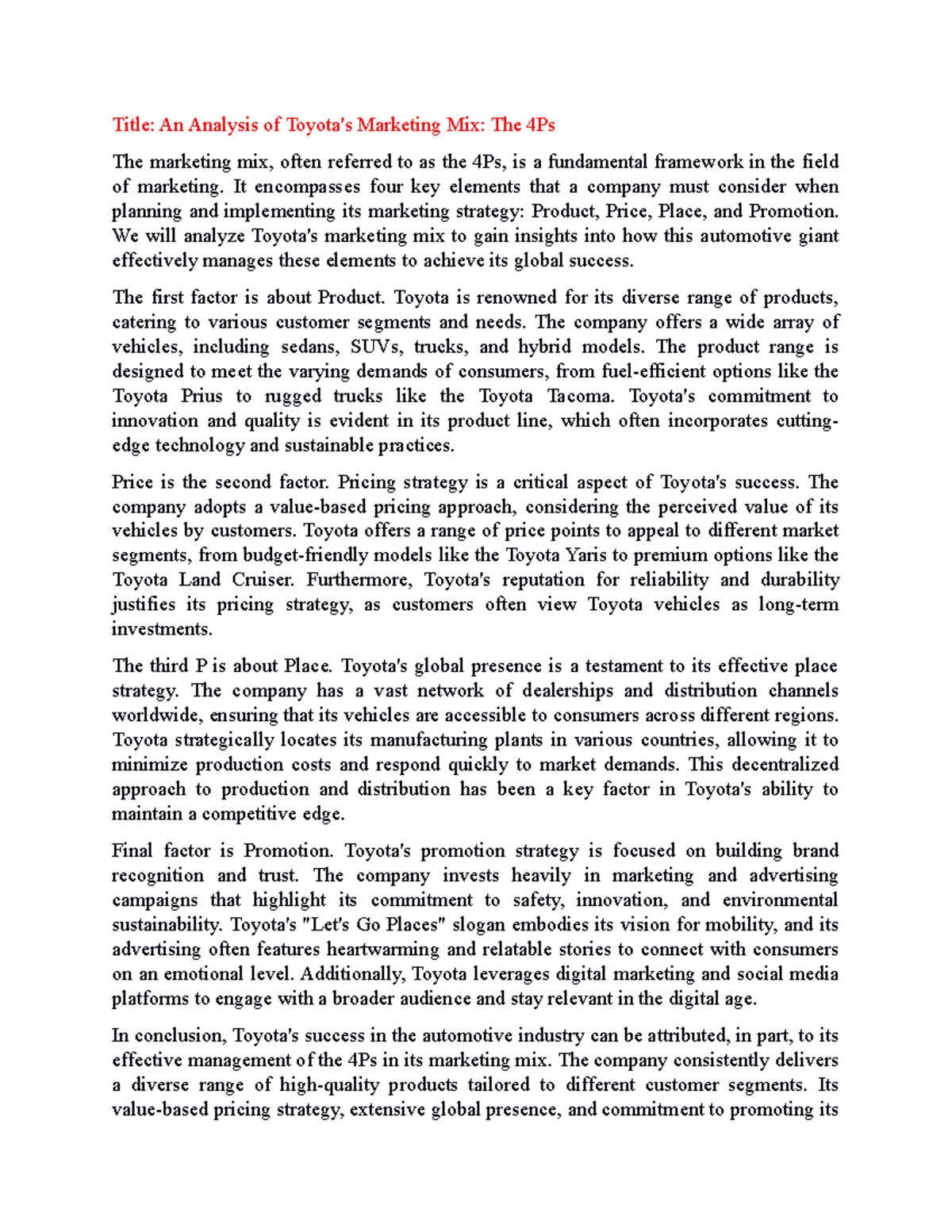 BAI MẪU - ... - Title: An Analysis of Toyota's Marketing Mix: The 4Ps ...