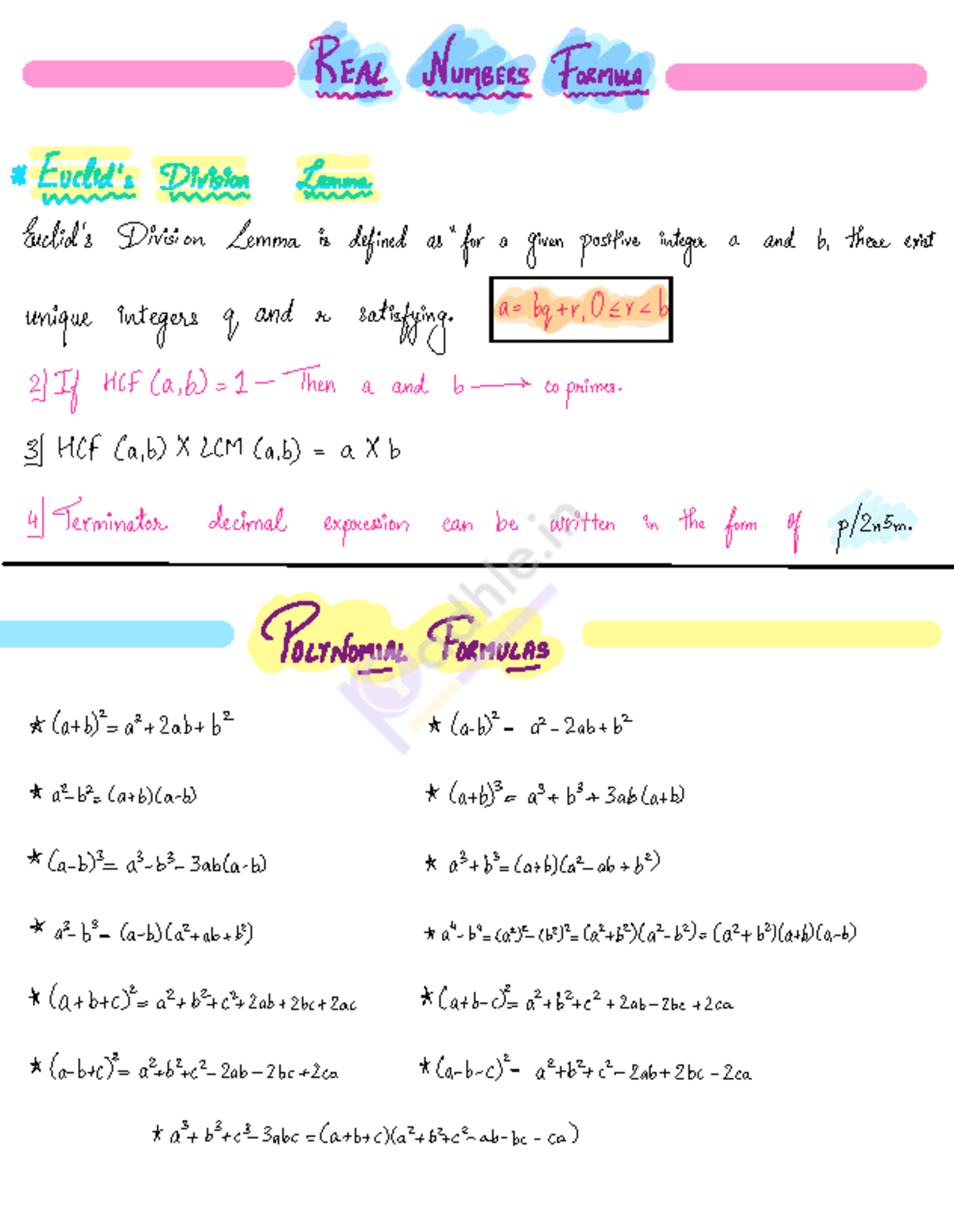 Math Formula Sheet - REAL NUMBERS FORMULA mm Mmm mm Euclid 's Division ...