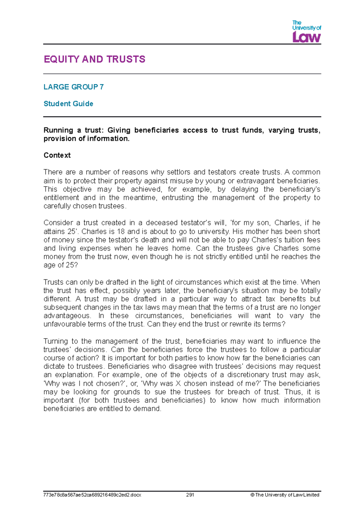 EQT LG 7 - Lecture notes - EQUITY AND TRUSTS LARGE GROUP 7 Student ...