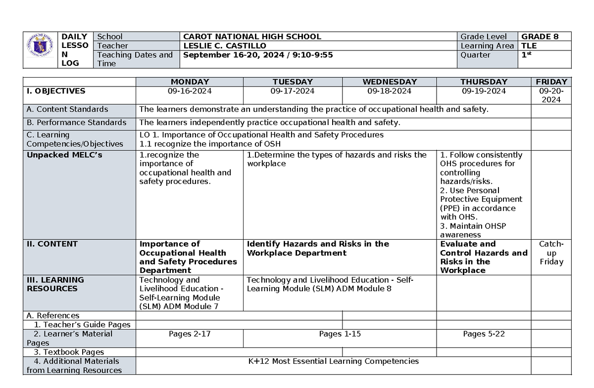 TLE 8 Daily Lesson LOG - BOOK - DAILY LESSO N LOG School CAROT NATIONAL ...