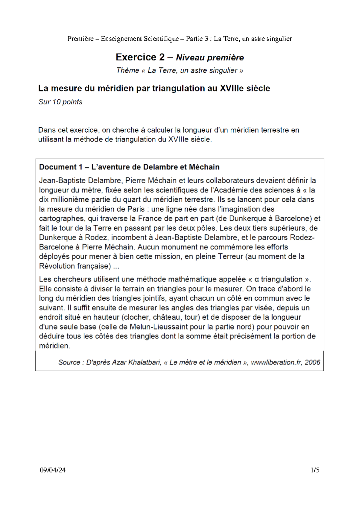 Sujet correction - Mesure du méridien par triangulation - Pour le ...