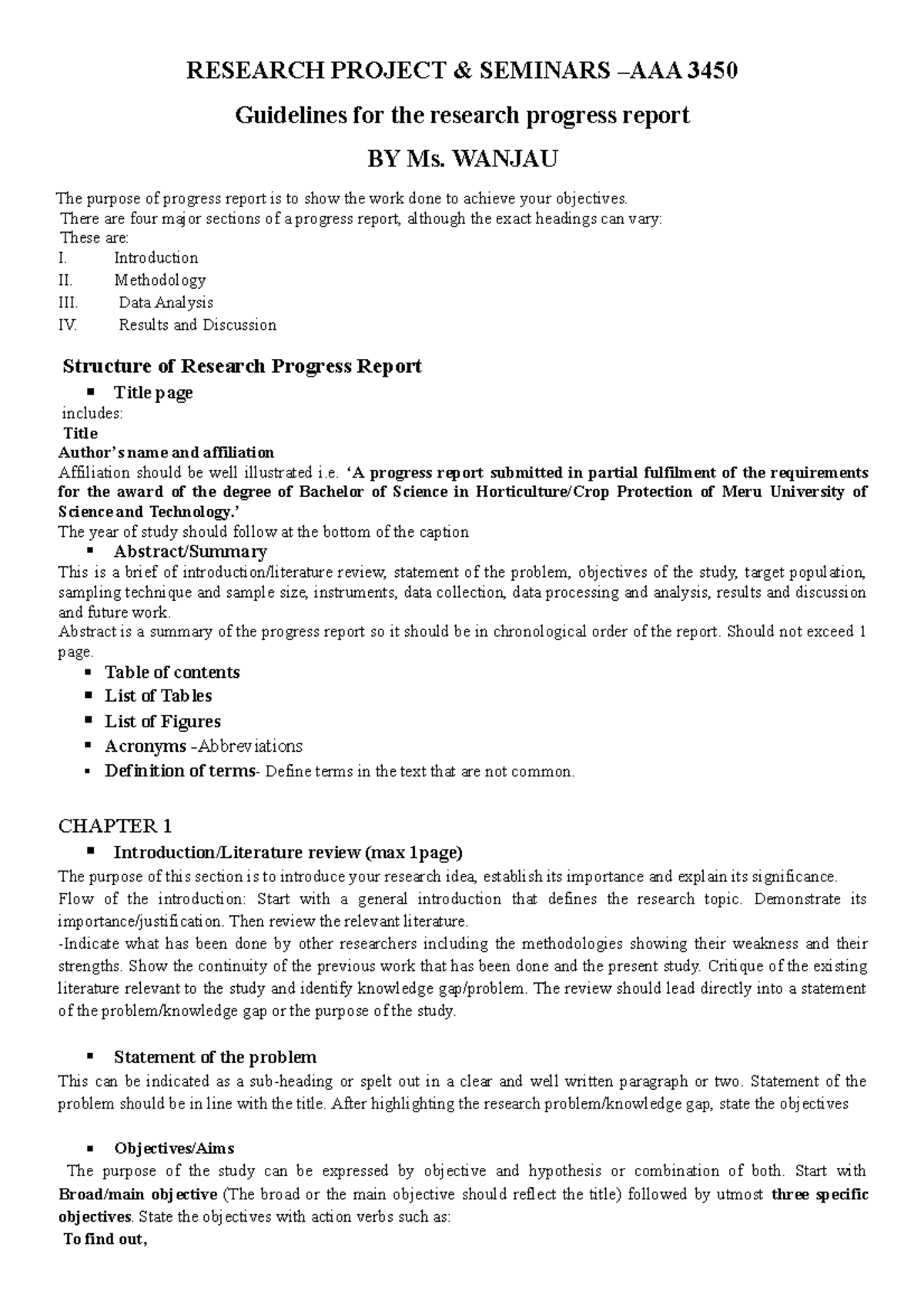 Guidelines for progress report - RESEARCH PROJECT & SEMINARS –AAA 3450 ...