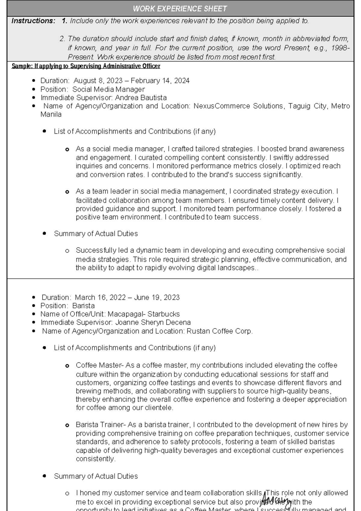 CS-Form-No - WALA - Attachment to CS Form No. 212 WORK EXPERIENCE SHEET ...
