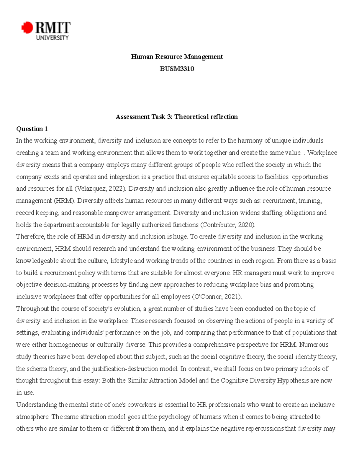 Assessment Task 3 Theoretical reflection - Human Resource Management BUSM Assessment Task 3 ...