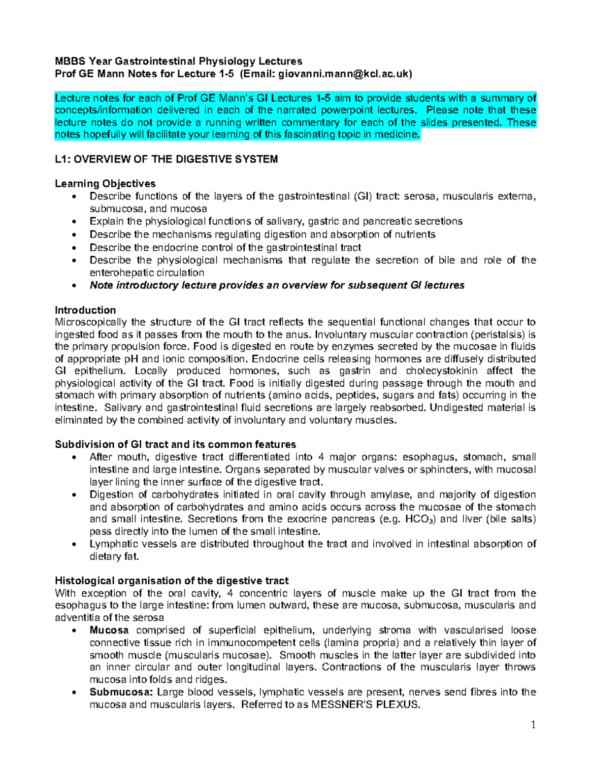 MBBS Year 1 GI Lectures 1-5 Notes - Prof GE Mann 06-01-22 - MBBS Year ...