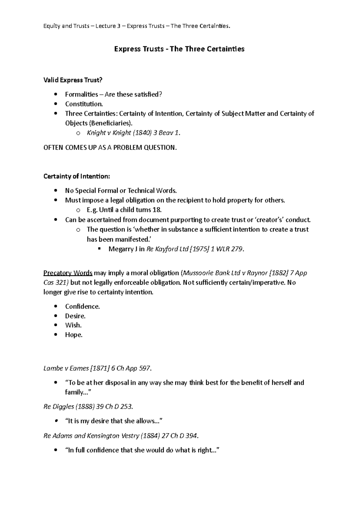 Lecture 3 - Express Trusts - The Three Certainties - Express Trusts - The Three Certainties ...