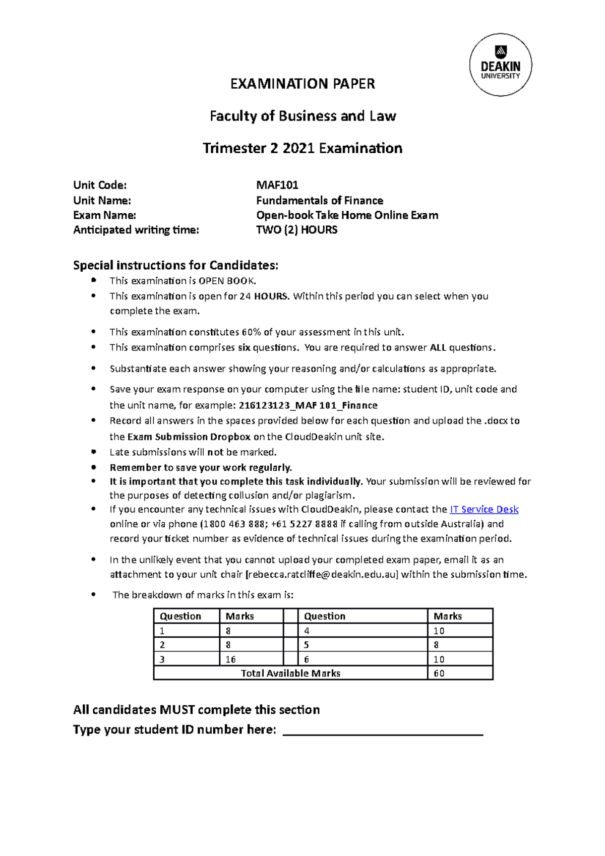 EXAM - MAF101 T2 2022 - EXAMINATION PAPER Faculty of Business and Law ...