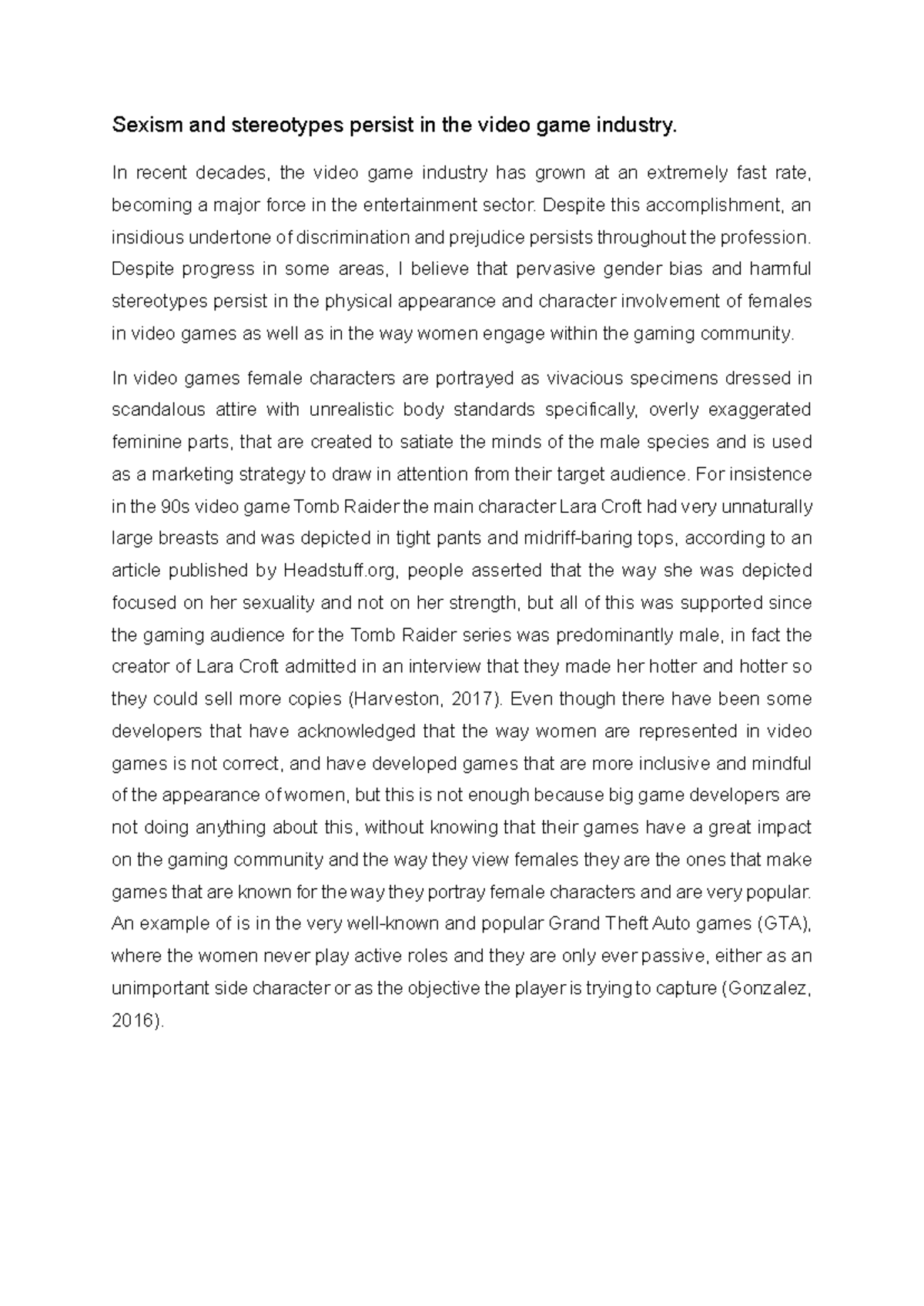 Example topic Argumentative Essay 1st draft - Sexism and stereotypes ...