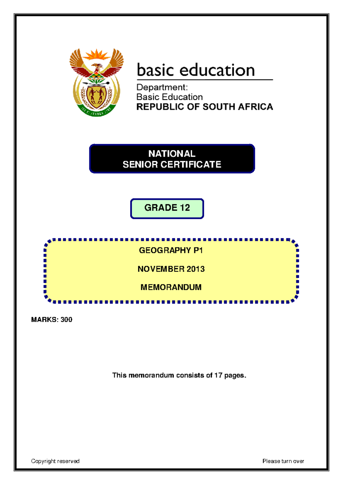 Geography+P1+Nov+2013 +Memo+Eng - MARKS: 300 This memorandum consists ...
