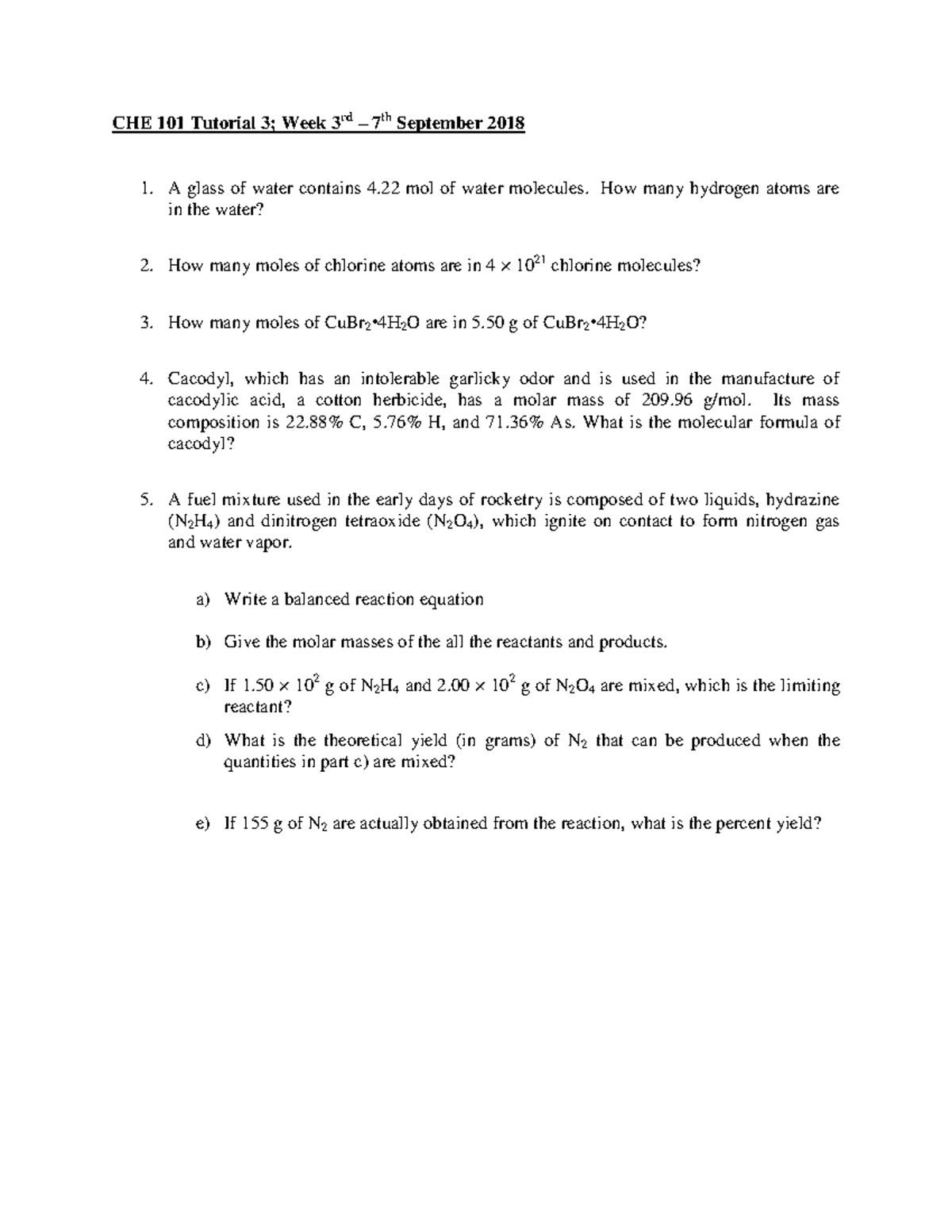 CHE 101 Tutorial 3 Week 3rd- 7th September 2018 students - CHE 101 ...