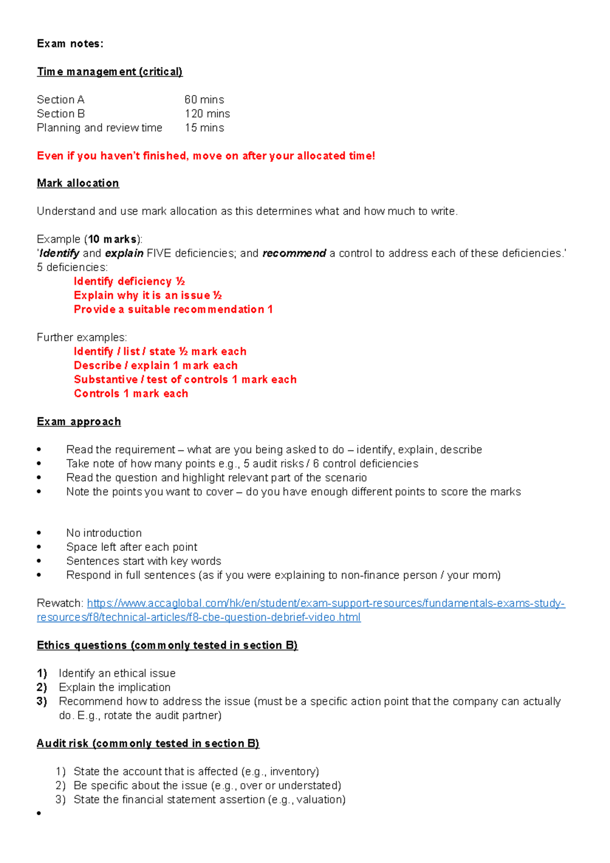 Chapter notes - ACCA Audit Assurance - Exam notes: Time management ...
