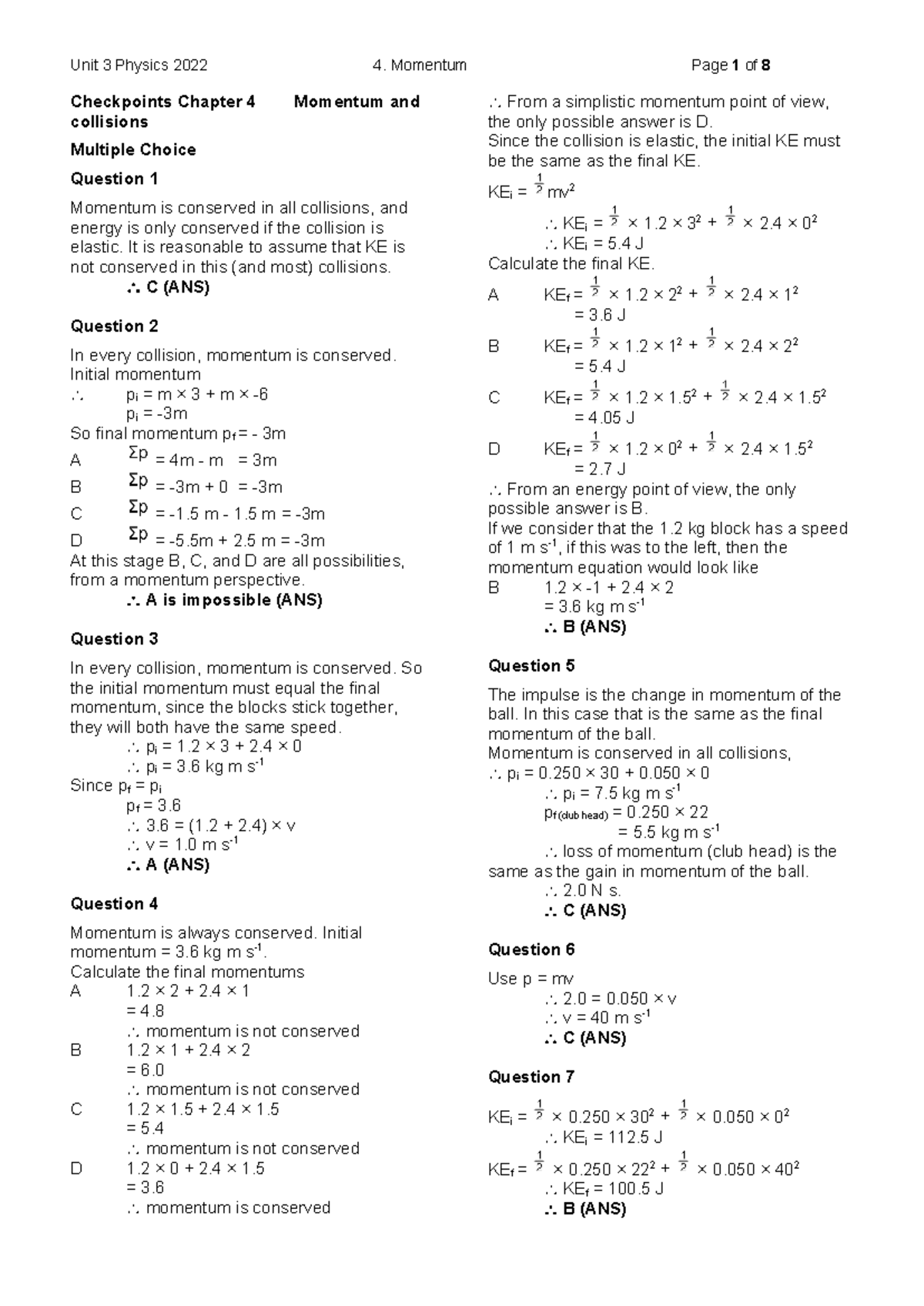 4 Checkpoints Momentum solutions 2021 - Checkpoints Chapter 4 Momentum and collisions Multiple ...