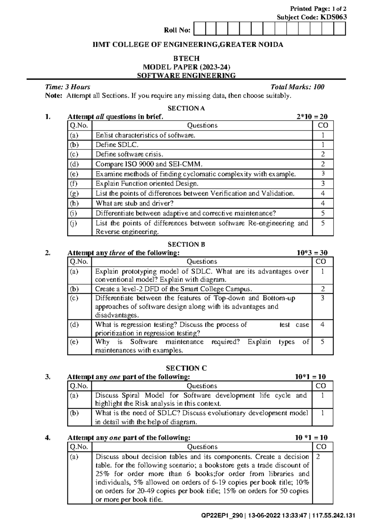 SE model paper - Printed Page: 1 of 2 QP22EP1_290 | 13- 06 - 2022 13:33 ...