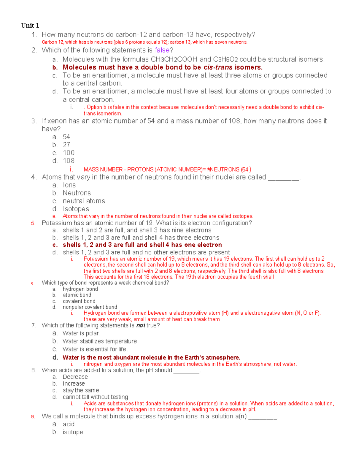 Biology Final Exam study guide - Unit 1 1. How many neutrons do carbon-12 and carbon-13 have ...