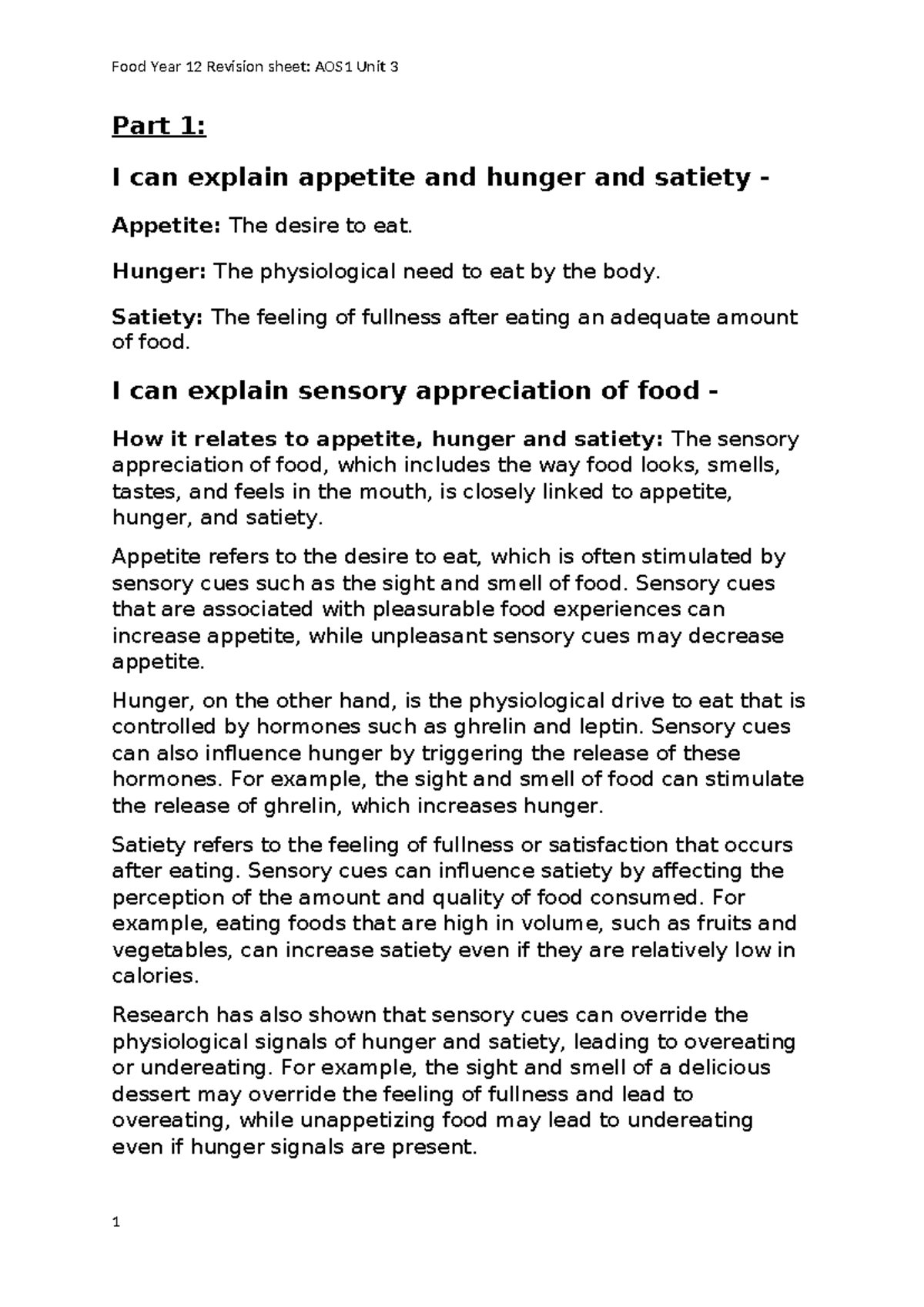 Sac revision for food studies AOS1 - Part 1: I can explain appetite and ...