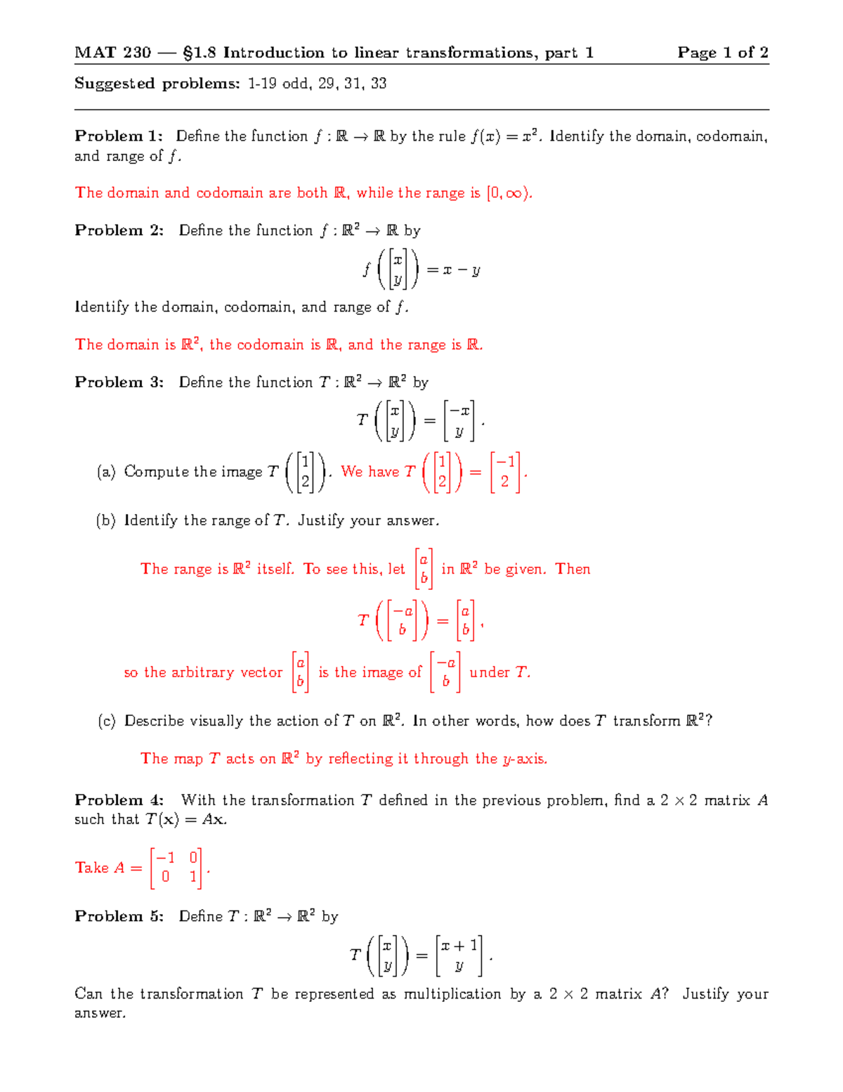 09 26 1 8 Introduction To Linear Transformations Part 1 Solutions Mat 230 — §1 Introduction
