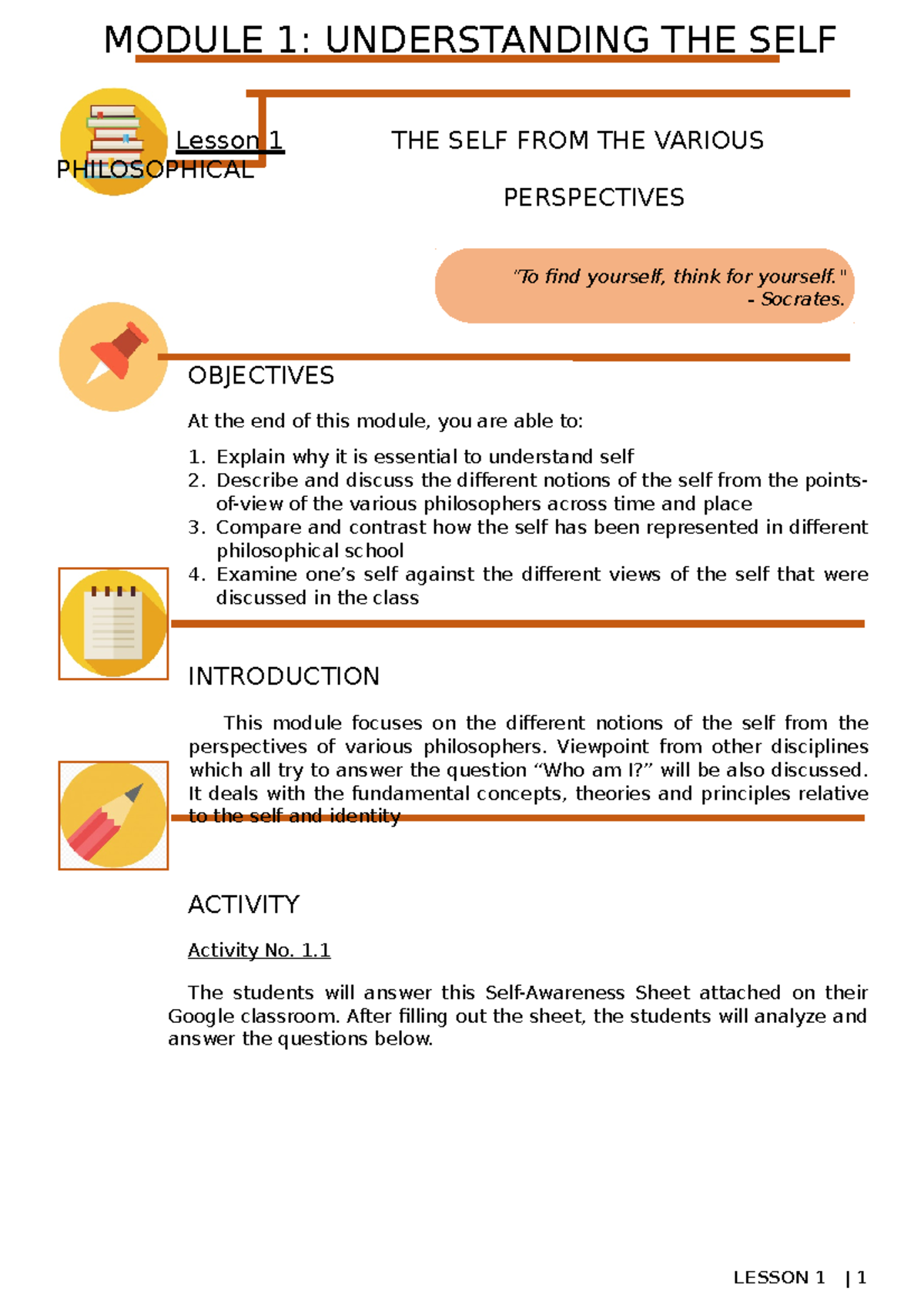 Lesson 1 THE SELF FROM Various Perspective Module - Lesson 1 THE SELF ...